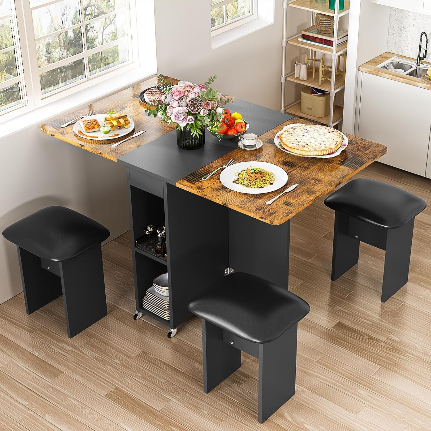 Folding Dining Table Set for 4, Dinner Table with 4 Leather Chairs and Shelves, Space Saving ...