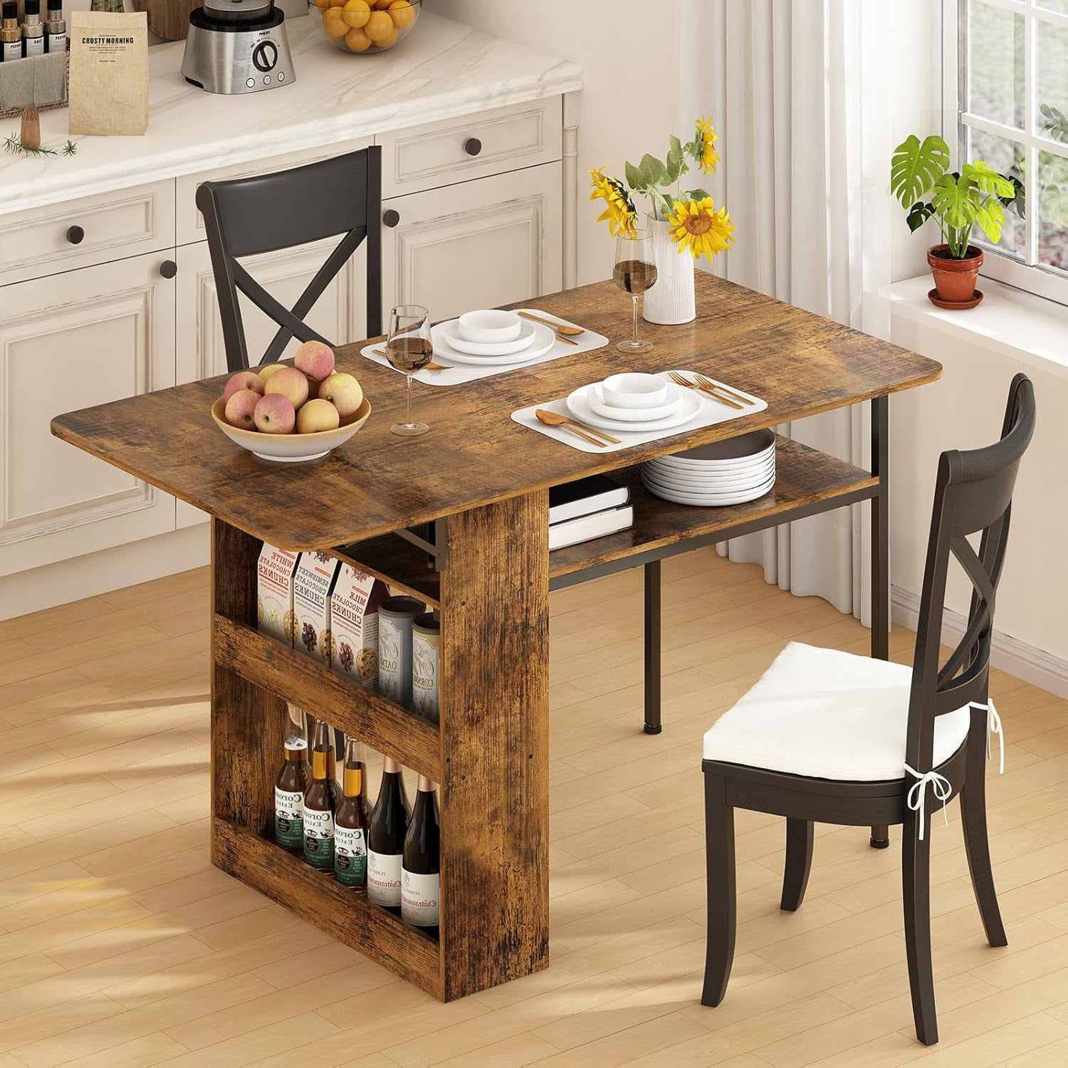 Folding Dining Table with Storage Shelves， Extendable Kitchen Table for ...