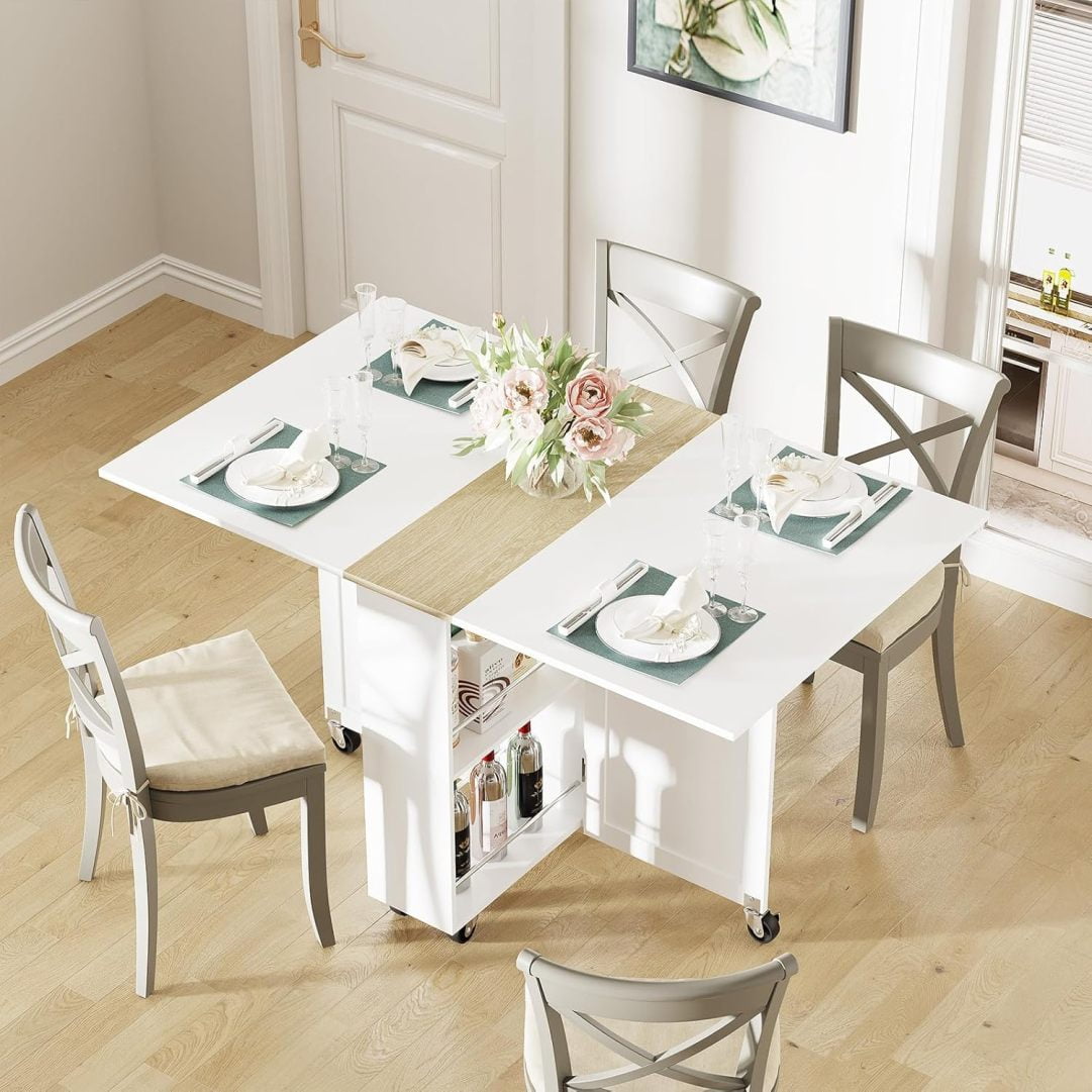 Folding Dining Table, Versatile Foldable Kitchen Dinner Table with Drawer 2 Storage Racks and 6 ...