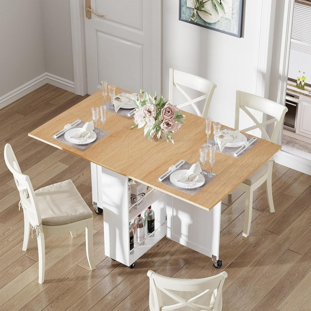 Folding Dining Table, Versatile Foldable Kitchen Dinner Table with Drawer 2 Storage Racks and 6 ...