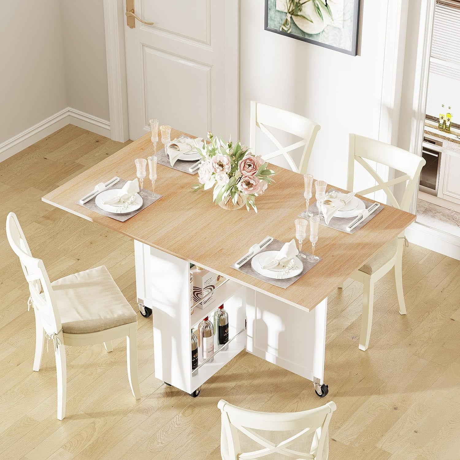 Folding Dining Table Versatile Foldable Kitchen Dinner Table with Drawer 2 Storage Racks and 6 ...