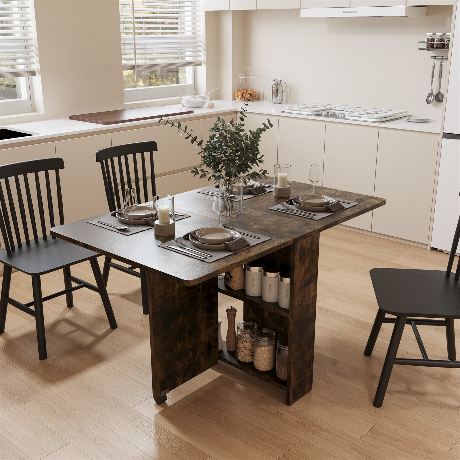 Folding Dining Table with Wheels, Versatile Dinner Table with 2 Tier ...