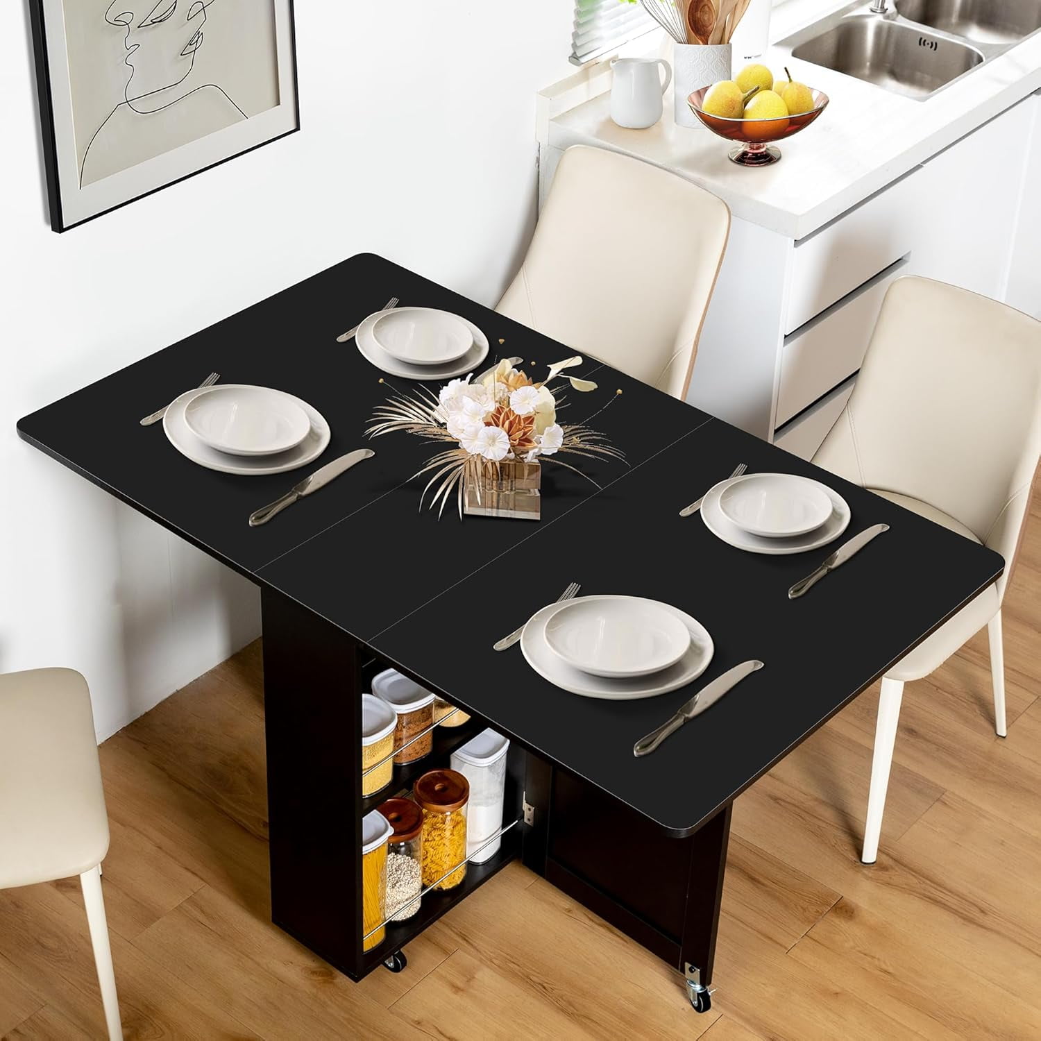 Folding Dining Table with Drawer and Storage Shelves, 53" Space Saving ...