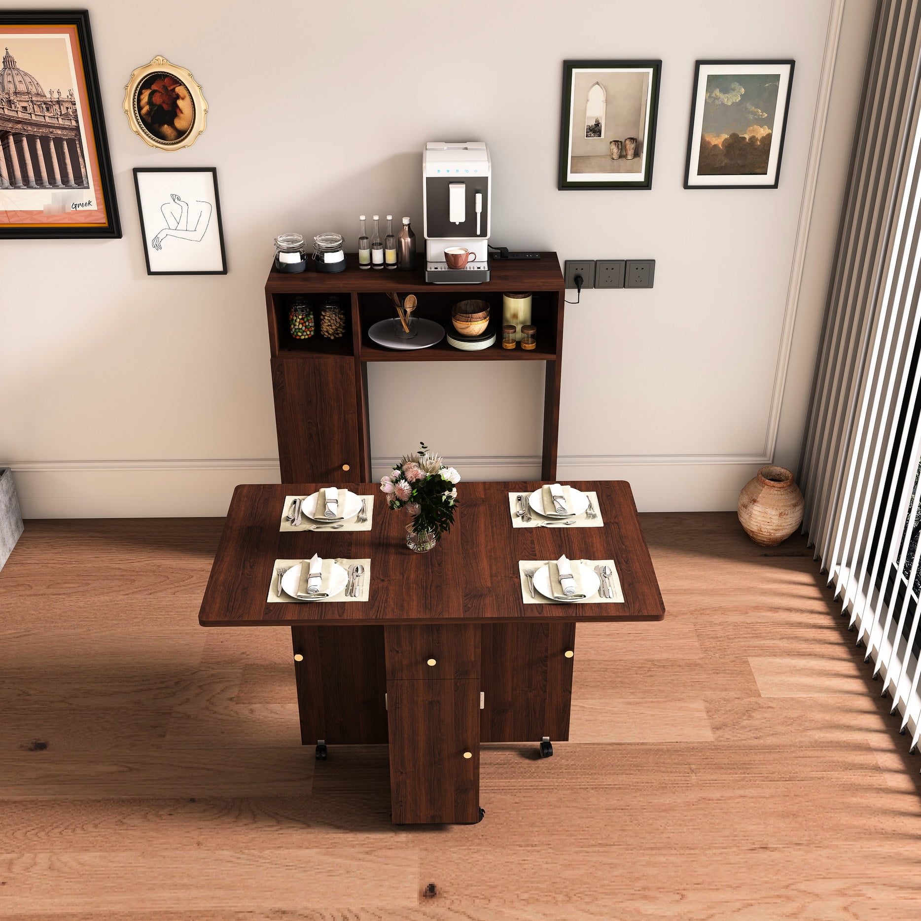 Folding Dining Table with Wall-Mounted Sideboard and Silent Braking ...