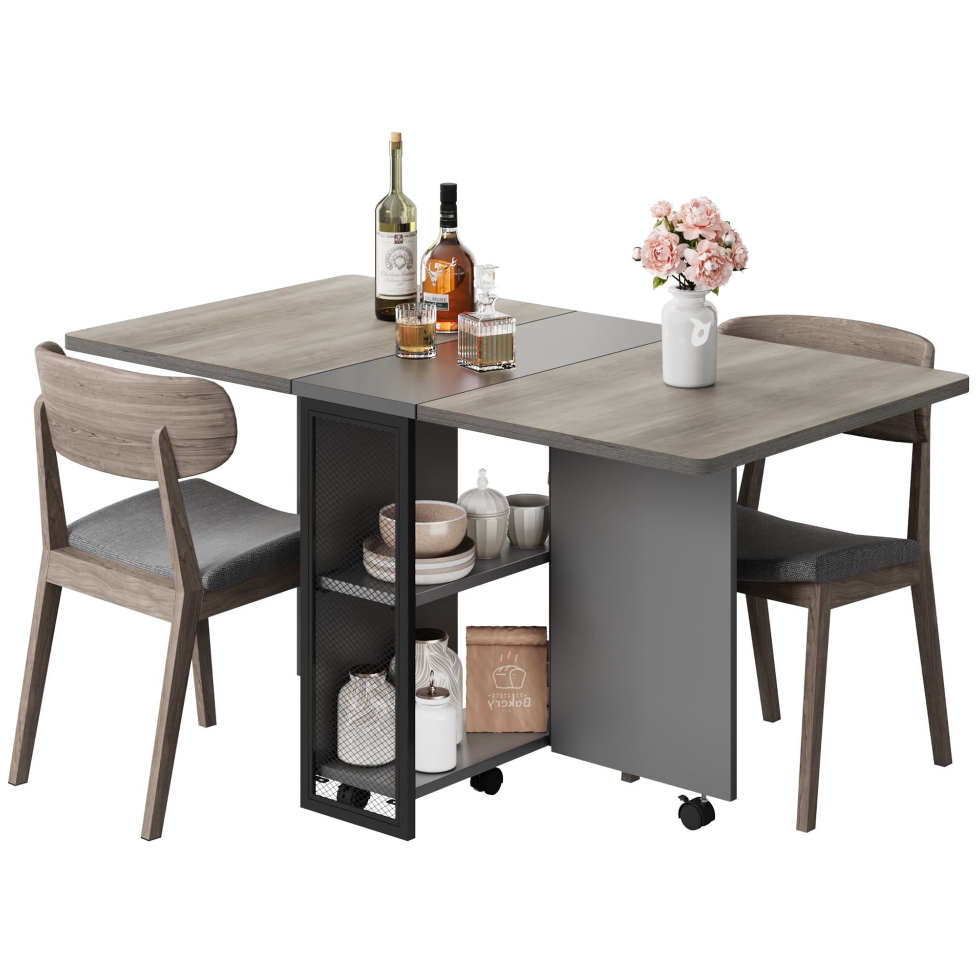 Folding Dining Table with Wheels and 2 Storage Racks Space Saving ...