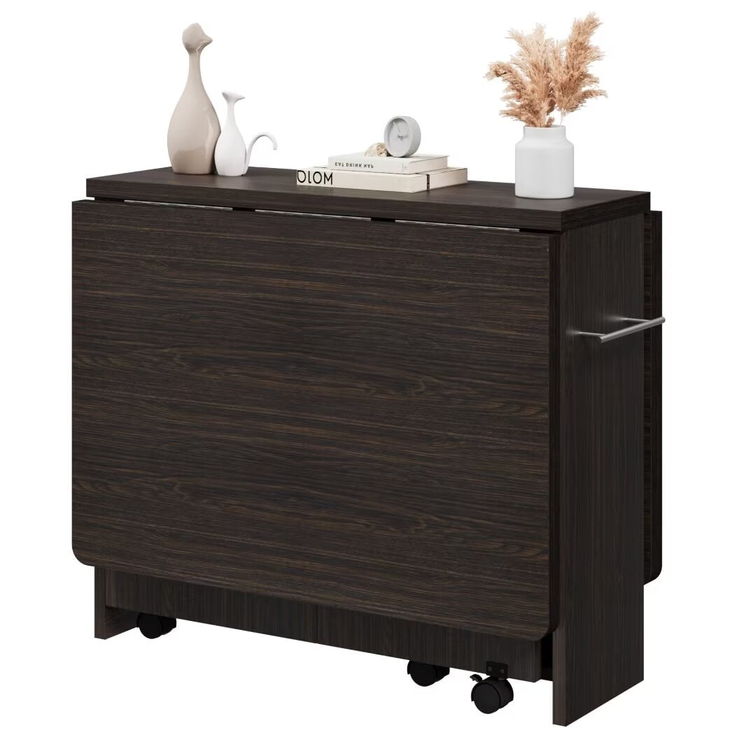 Folding Dining Table with Wheels and 2 Storage Racks, Space Saving ...