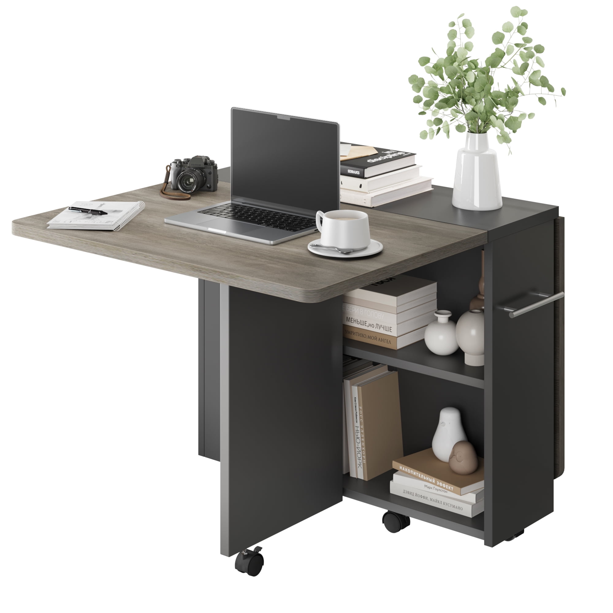 Folding Dining Table with Wheels and 2-Tier Storage Rack,for Small ...