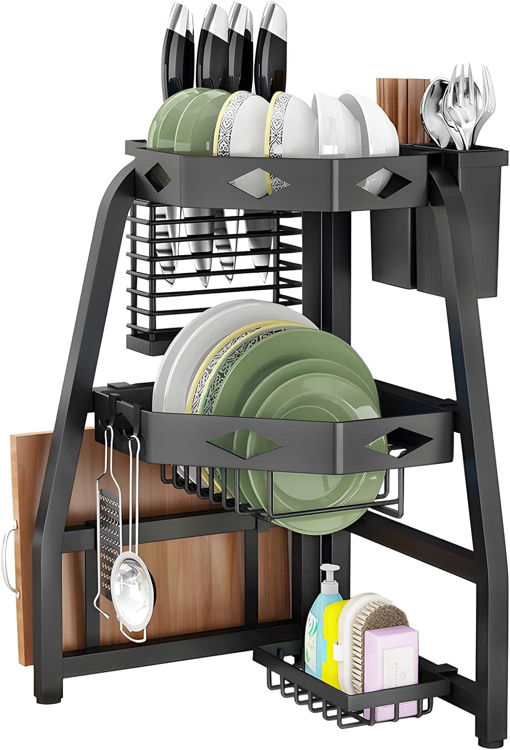 Folding Dish Drying Rack, 2-Tier Metal Corner Drain Rack for Kitchen ...