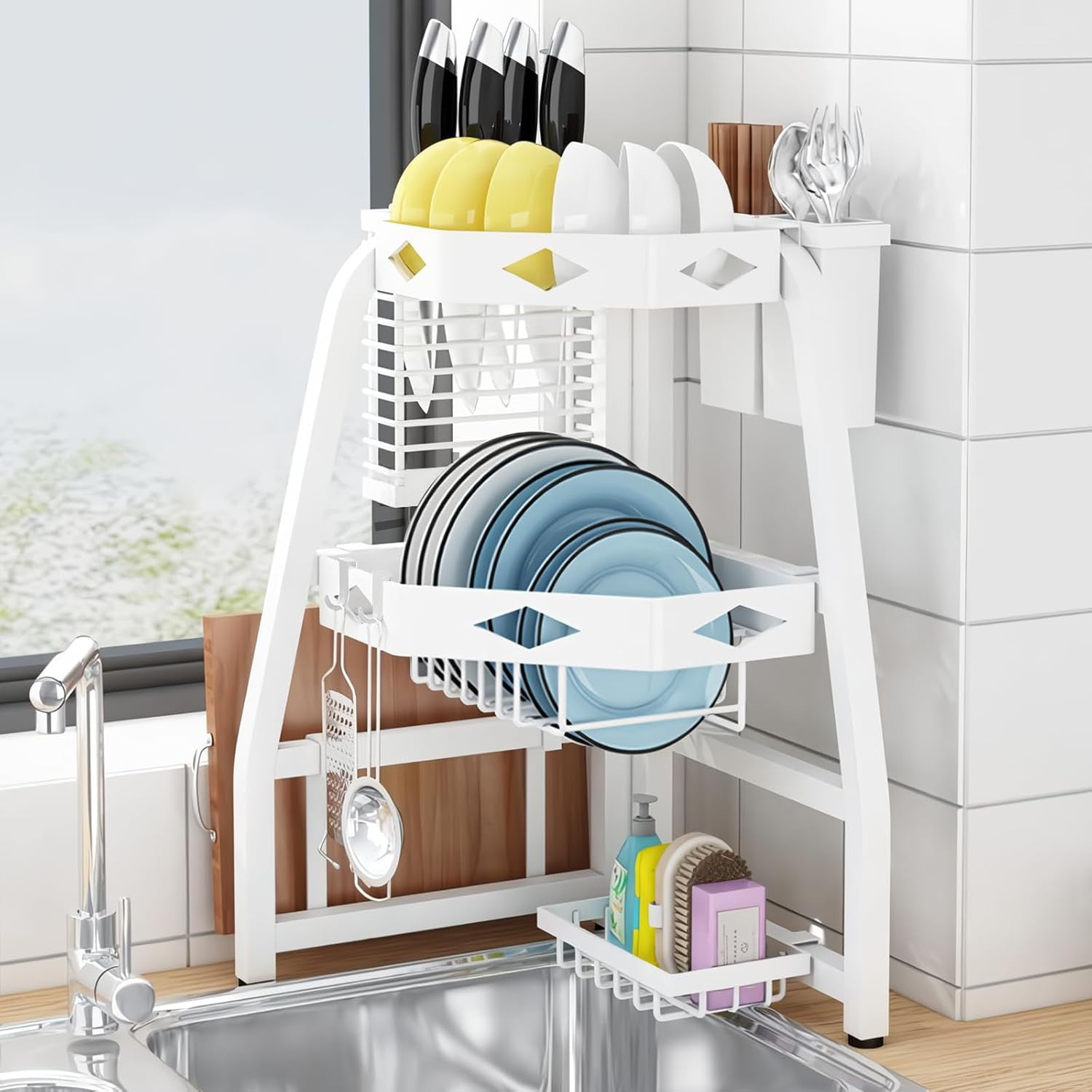 Folding Dish Drying Rack, 2-Tier Metal Corner Drain Rack for Kitchen ...