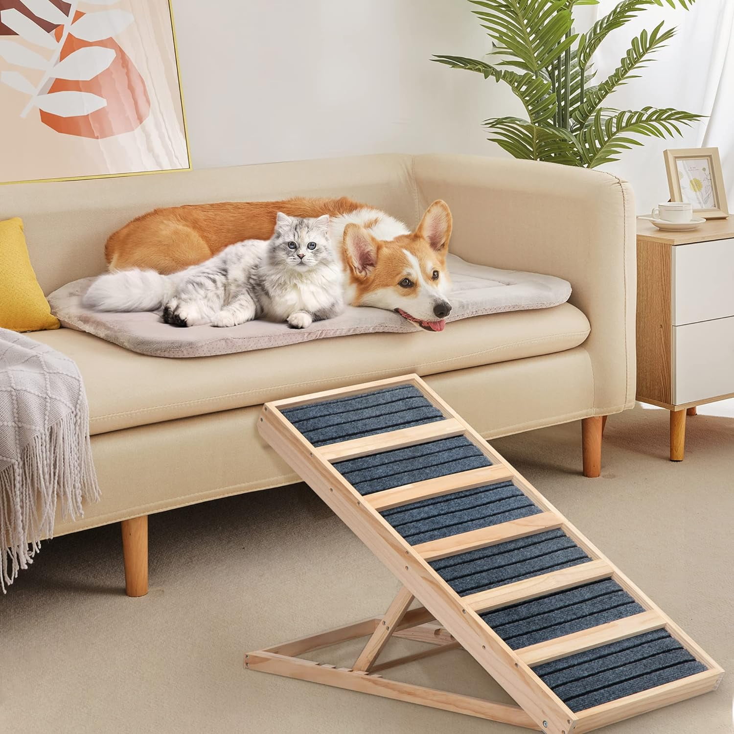 Folding Dog Ramp 4 Levels Adjustable Wooden Portable Cats Ramp with Non ...