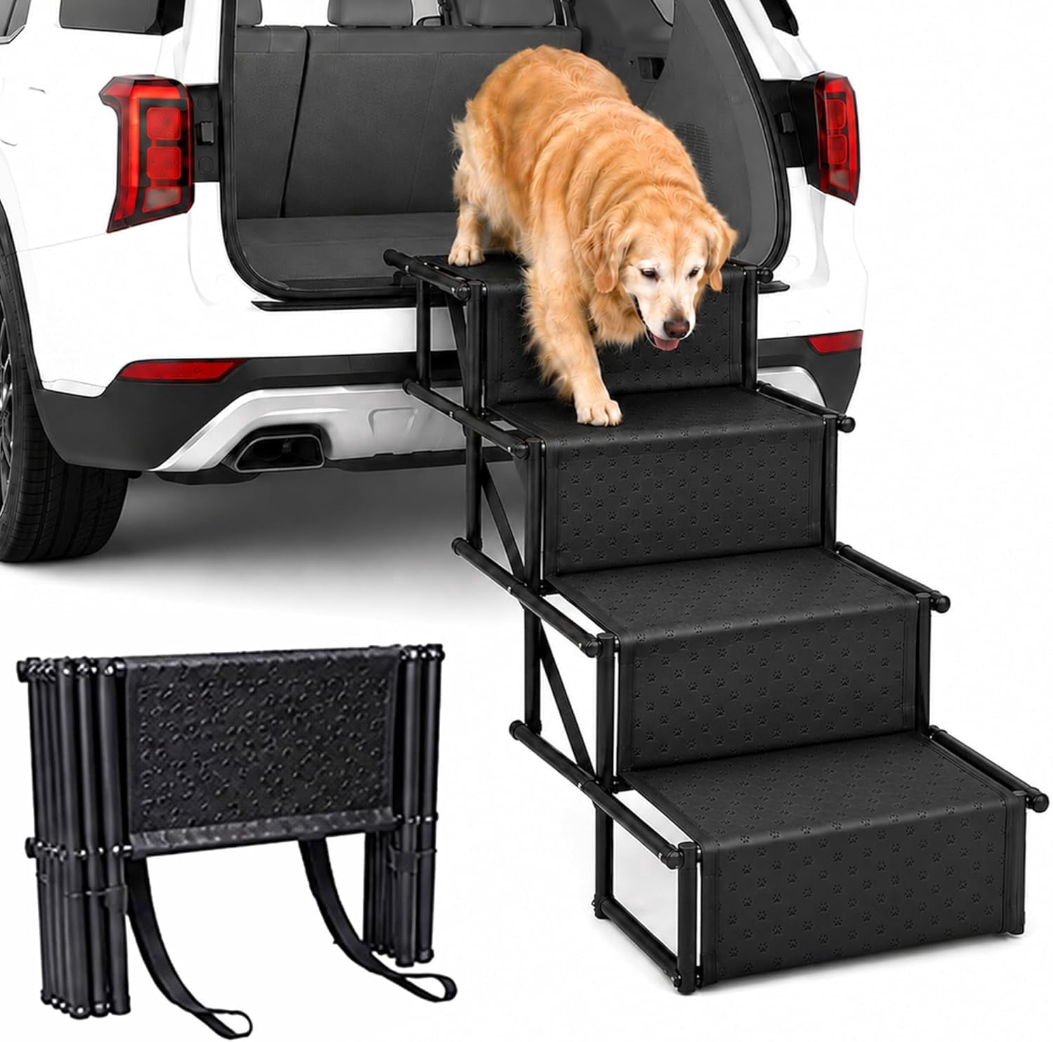 Collapsible 4-Step PVC Pet Stairs with Non-Slip Metal Frame, Black ...