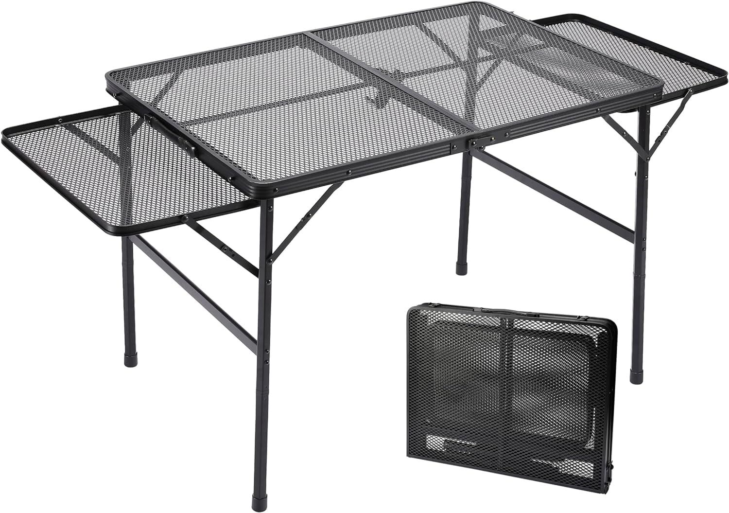 Folding Family Camping Table with 2 Wing Panels, Metal Grill Table with ...