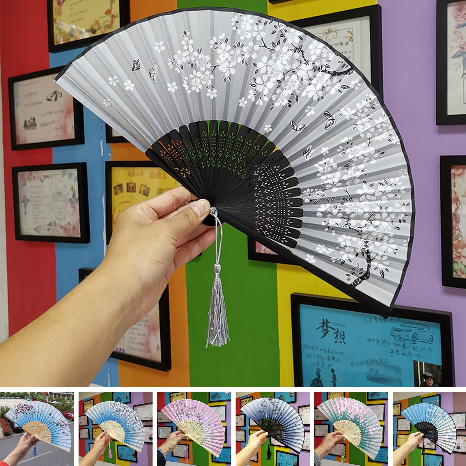 Folding Fan Elegant Floral Pattern Handheld Fan with Tassel Pendant ...