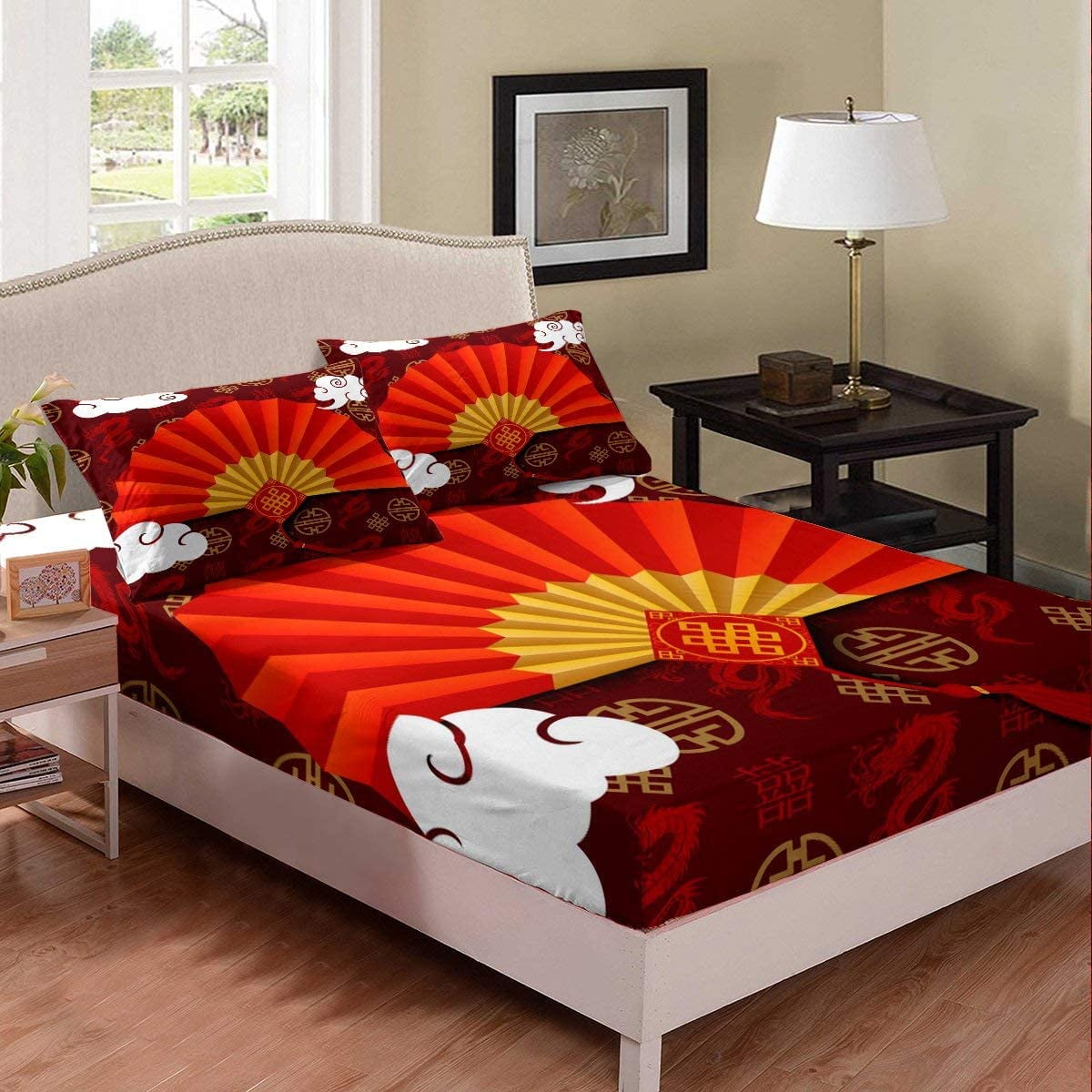 Folding Fan Flowers Japanese Style Fitted Sheet Japan Ukiyo-E Theme Bed ...