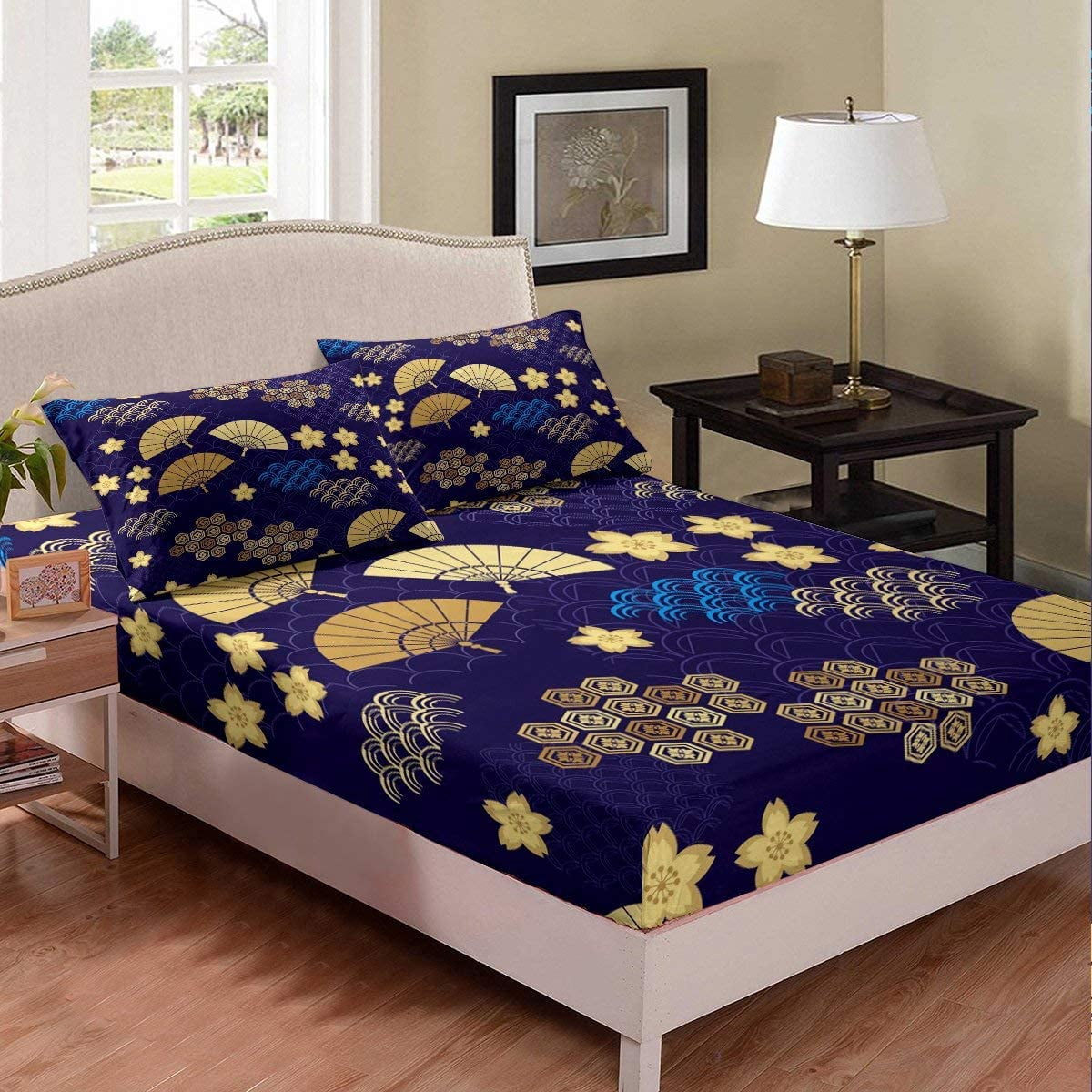 Folding Fan Flowers Japanese Style Fitted Sheet Japan Ukiyo-E Theme Bed ...