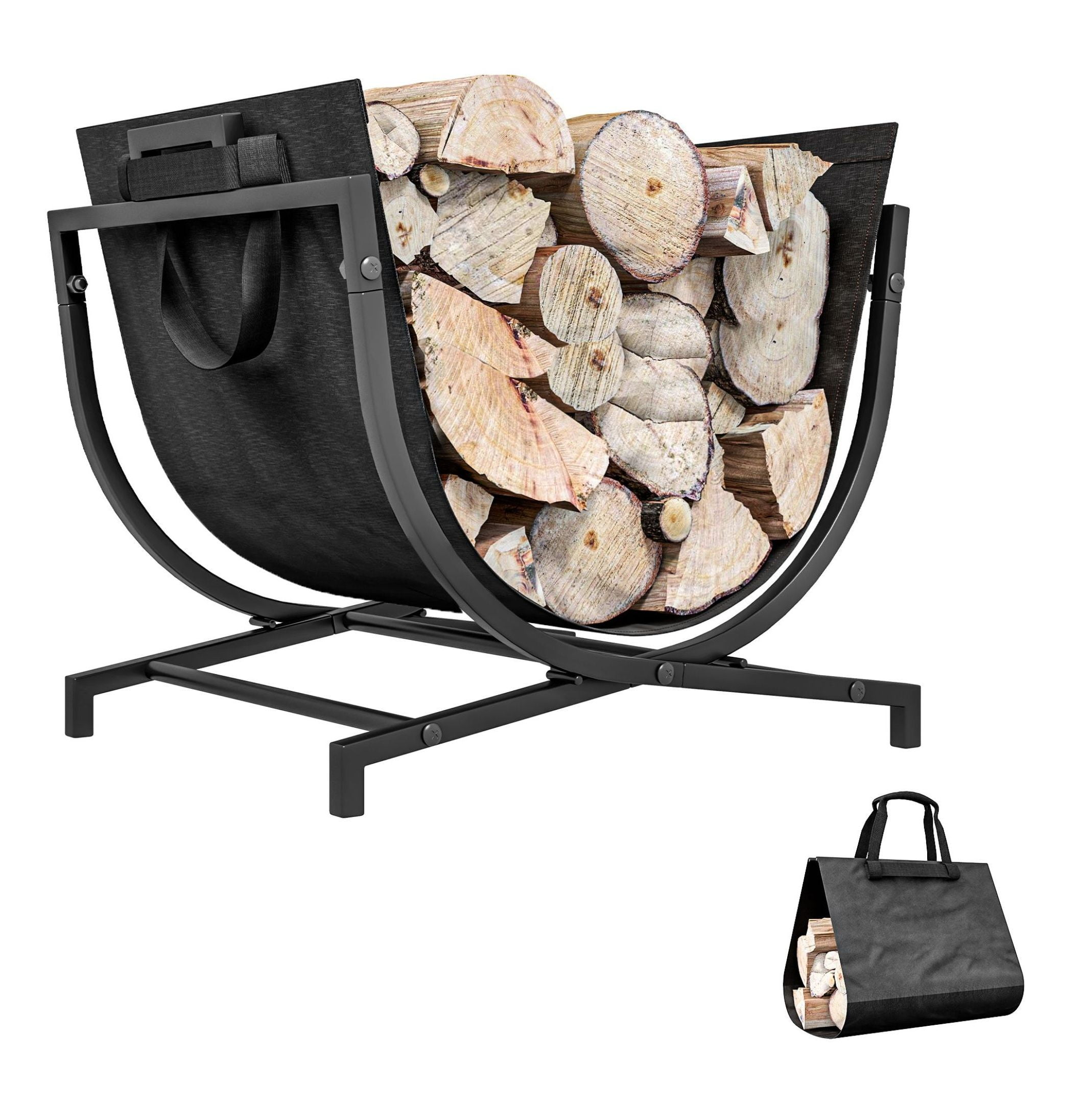 Folding Firewood Rack with Carrier, Portable Log Holder - Heavy Duty ...