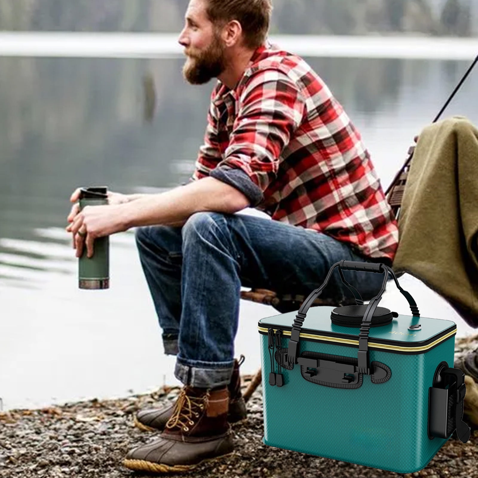 Folding Fishing Bucket with Shoulder Strap, 21L EVA Live Well with ...