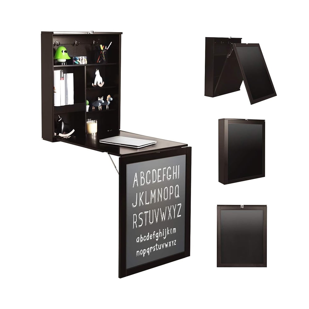 Foldable Wall Mounted Desk with Chalkboard Storage Shelves Hooks, Space ...