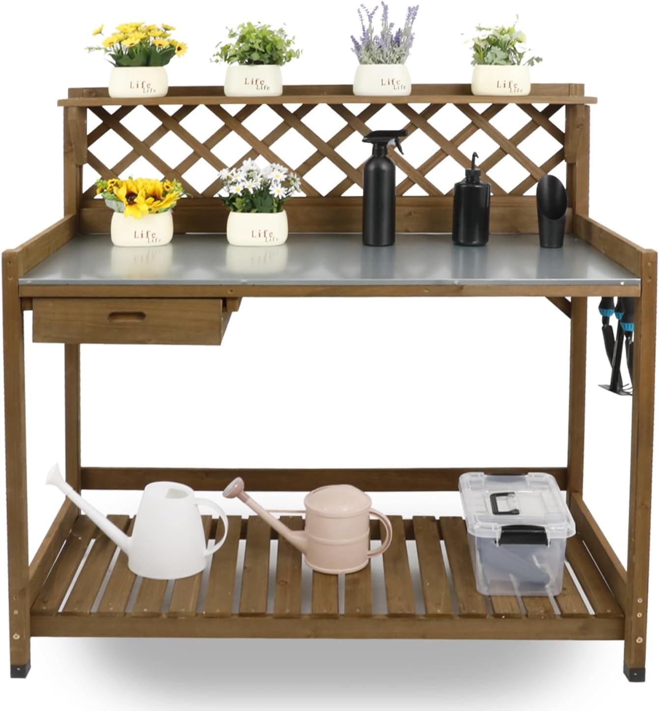 Folding Garden Potting Bench Table，Outdoor Wooden Work Station W/Metal ...