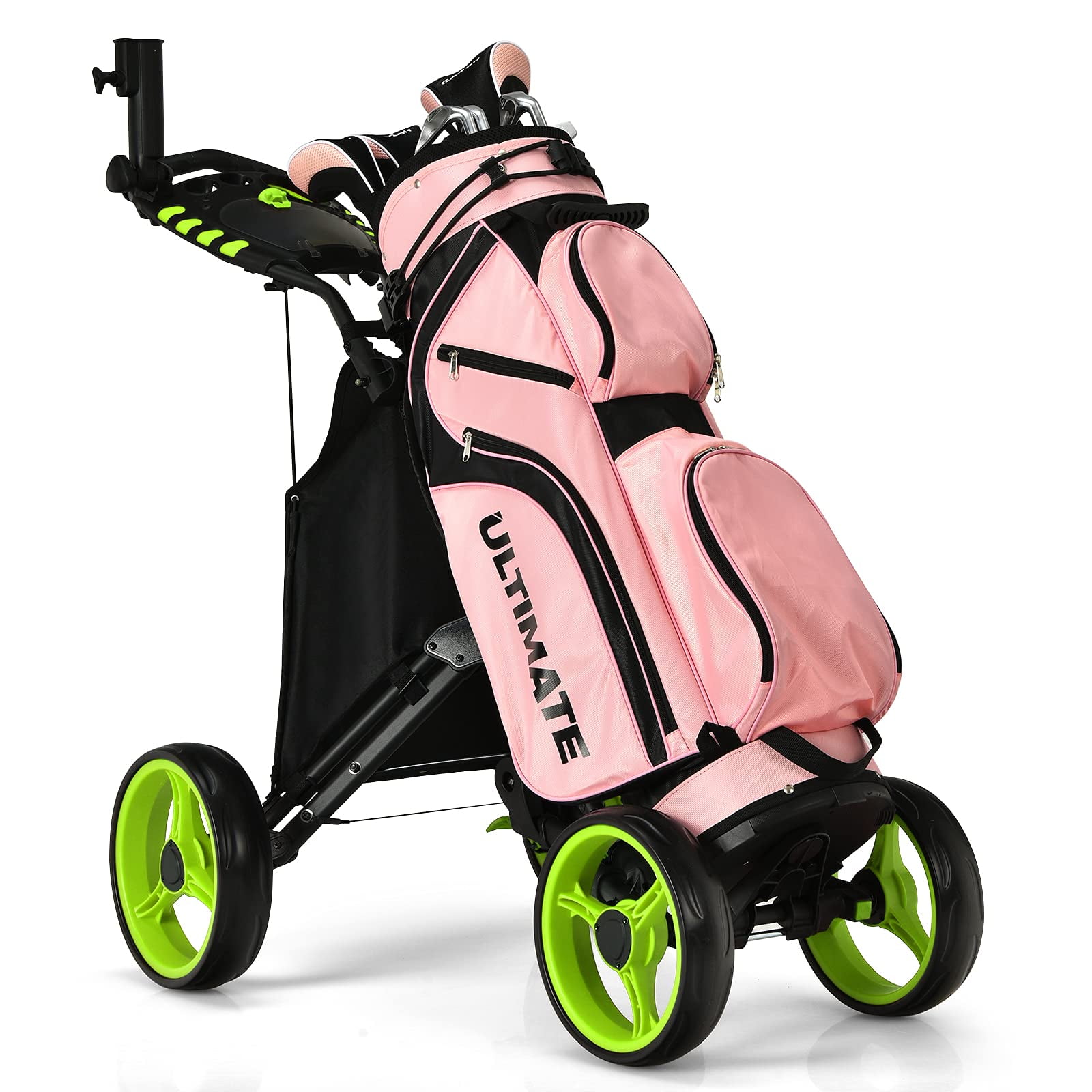 Folding Golf Push Cart with Umbrella Holder and Waterproof Bag, Adjustable Height Portable Caddy ...