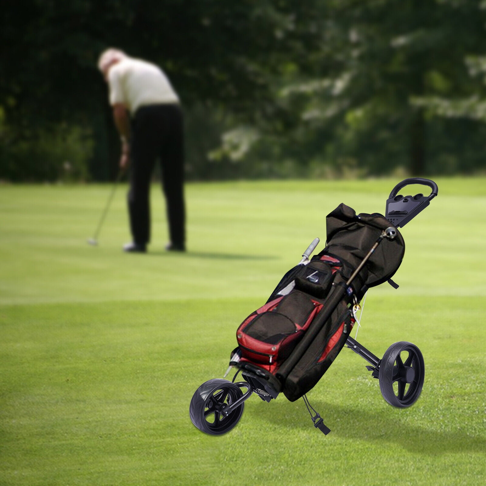 Folding Golf Walking Push Cart 3 Wheel Golf Push Cart Roller Golf Bag ...