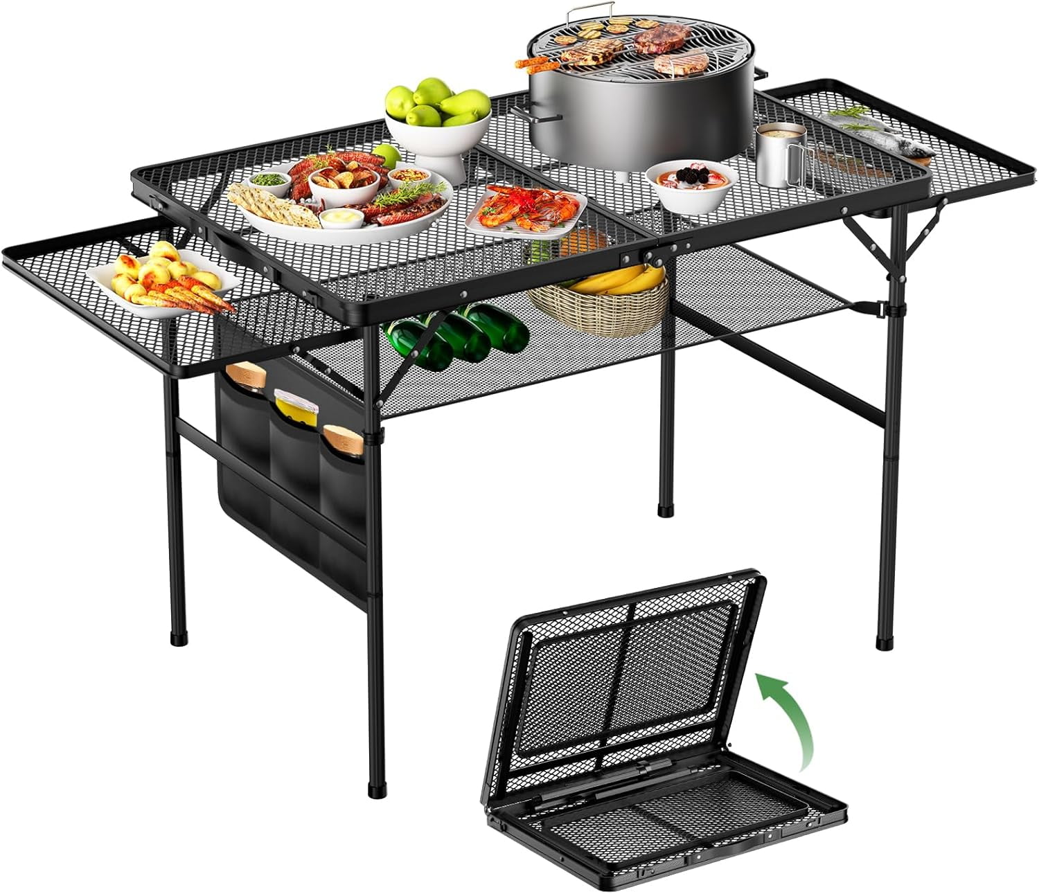 Folding Grill Table, 3x2 FT Portable Camping Table with 2 Wing Panels ...