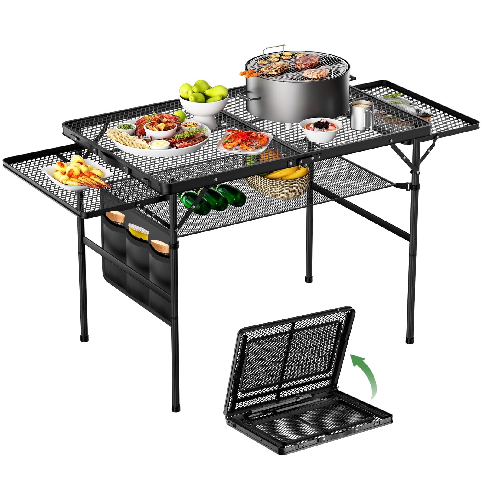 Folding Grill Table, 3x2 FT Portable Camping Table with 2 Wing Panels ...
