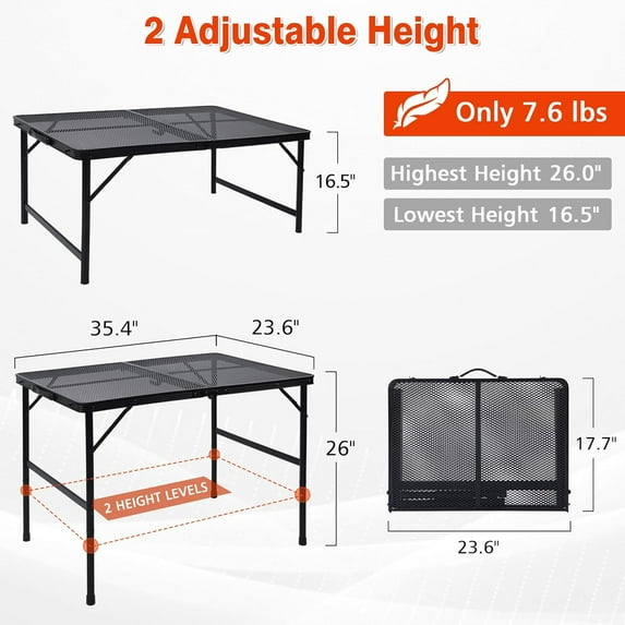 Folding Grill Table, 3x2 FT Portable Camping Table, Height Adjustable ...