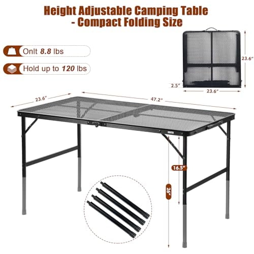 Folding Grill Table: 4x2 Ft Portable Camping Table, Lightweight Height ...