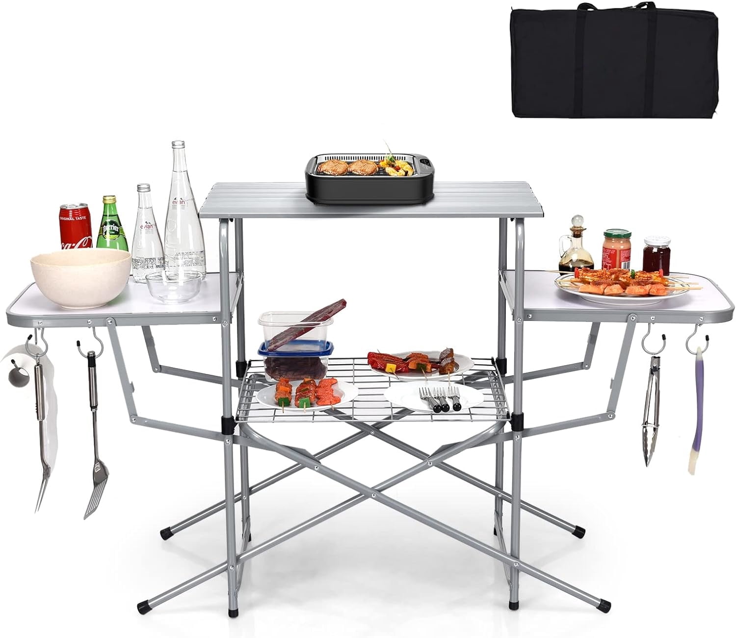 Folding Grill Table, Aluminum， with 26'' Main Tabletop, Hooks and Carry ...