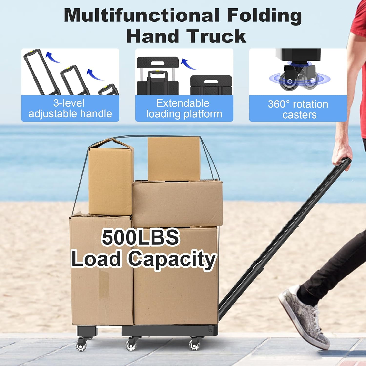 Folding Hand Truck, 500 LBS Heavy Duty Foldable Dolly Cart with Wheels ...