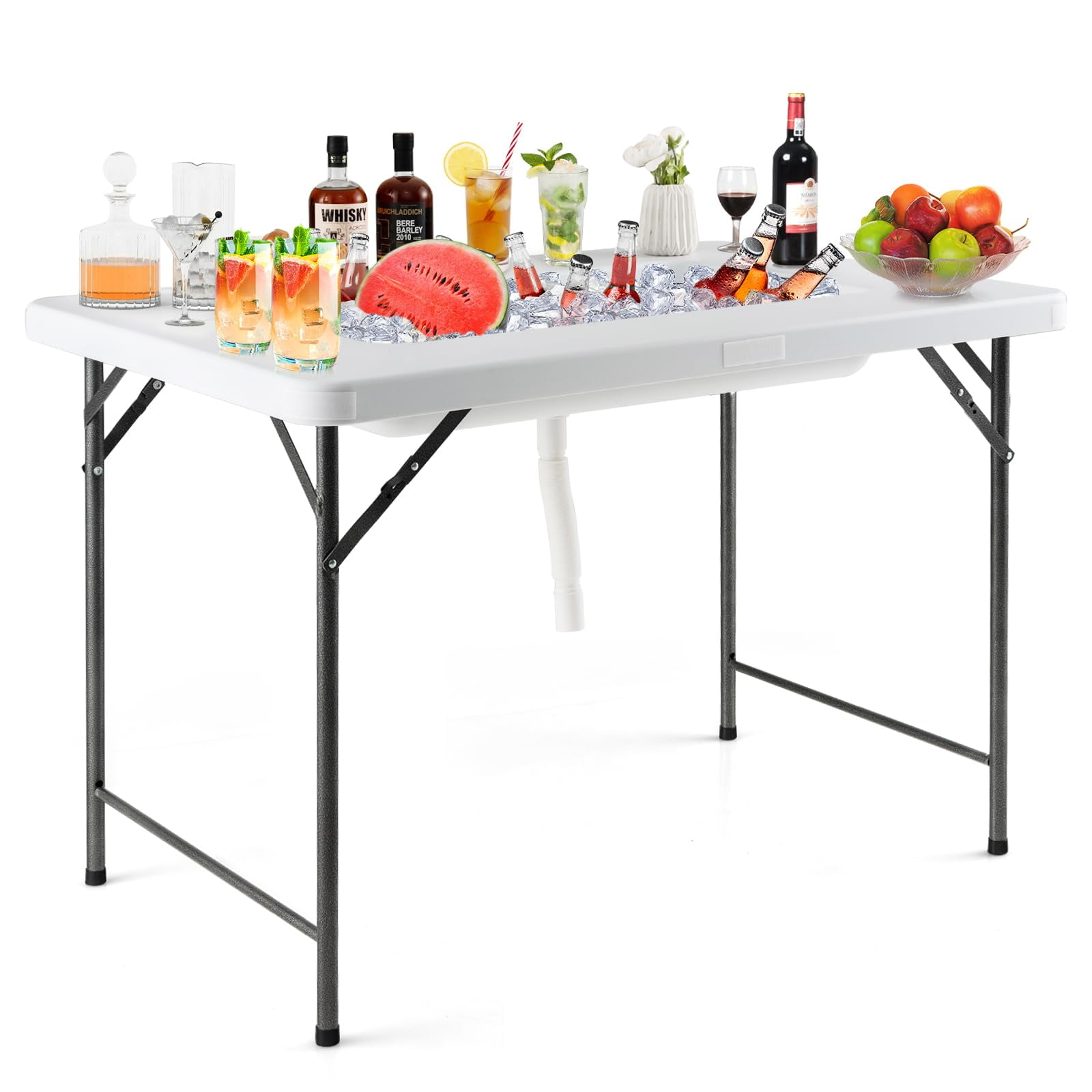 Folding Ice Cooler Table with Drain and Skirt, Foldable Beverage Cooler ...
