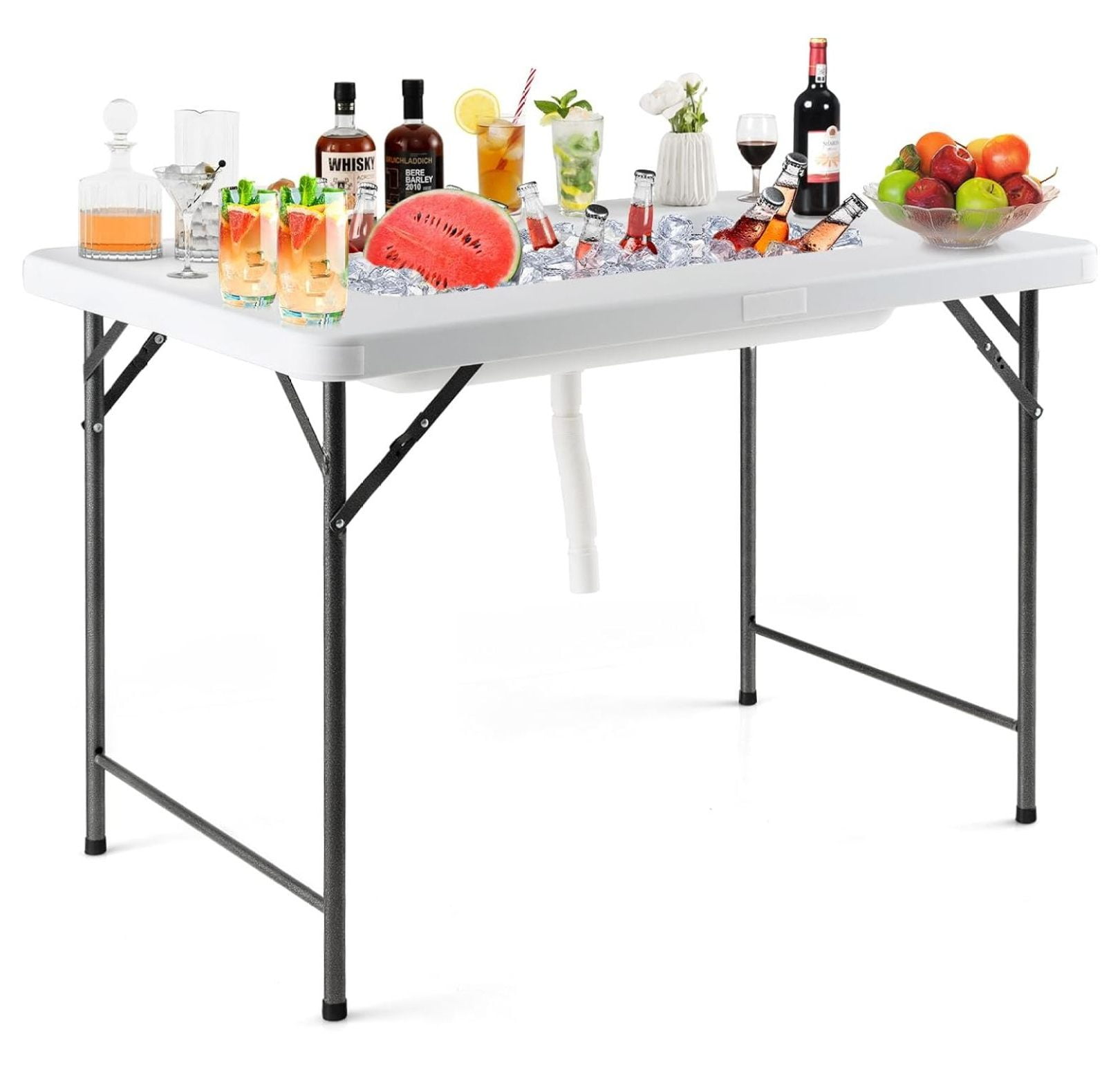 Folding Ice Cooler Table, Portable Beverage Chill Table w/Drain & Skirt ...