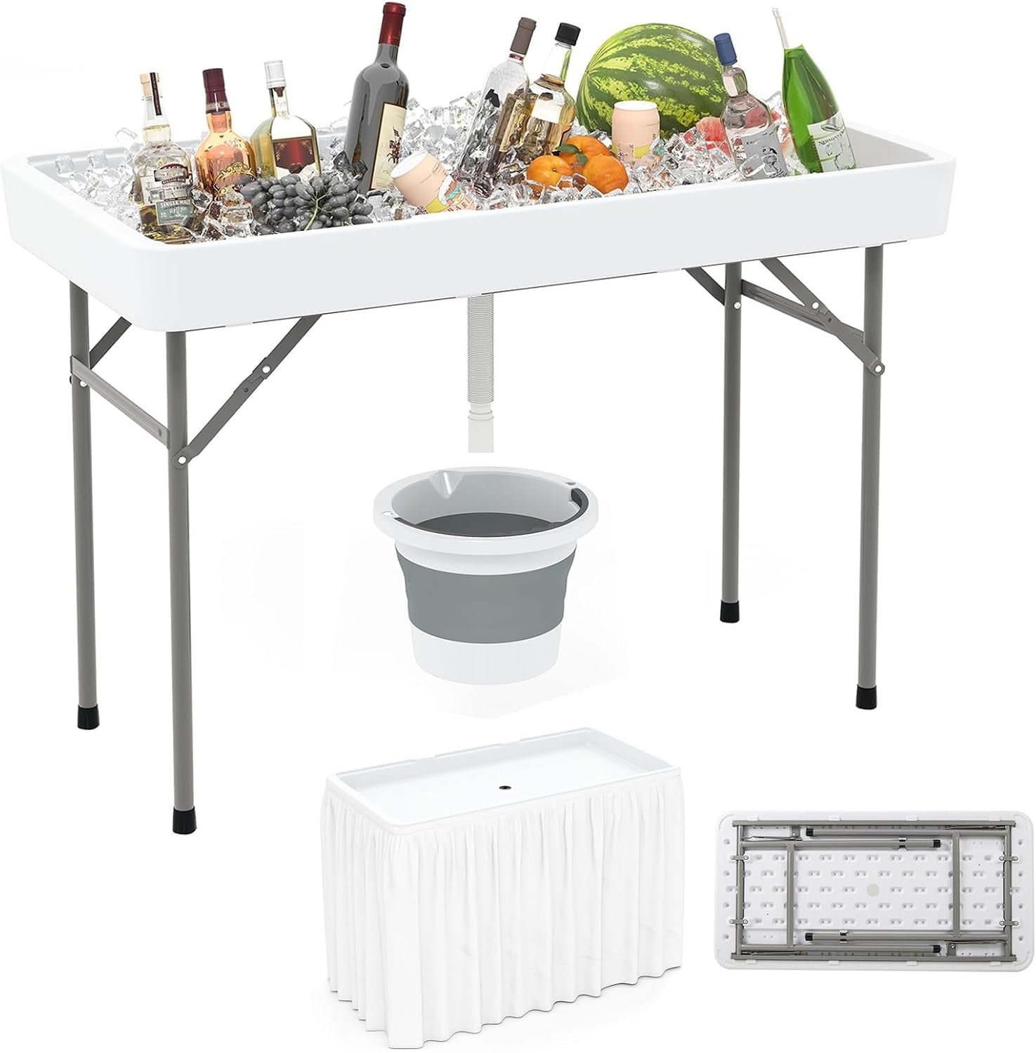 Folding Ice Table with Drain, 4 ft Portable Cooler with Removable Skirt ...