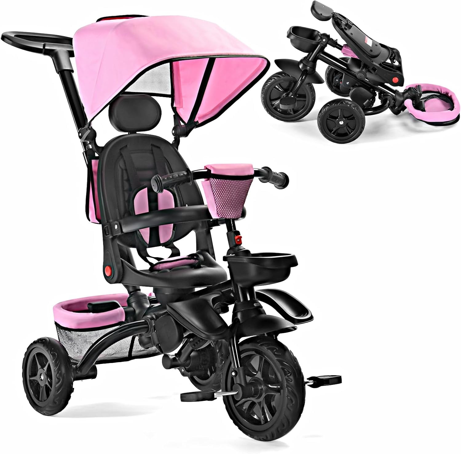 Folding Kids' Tricycle, 8 IN1 Baby Trike W/Removable Canpoy&Parental ...