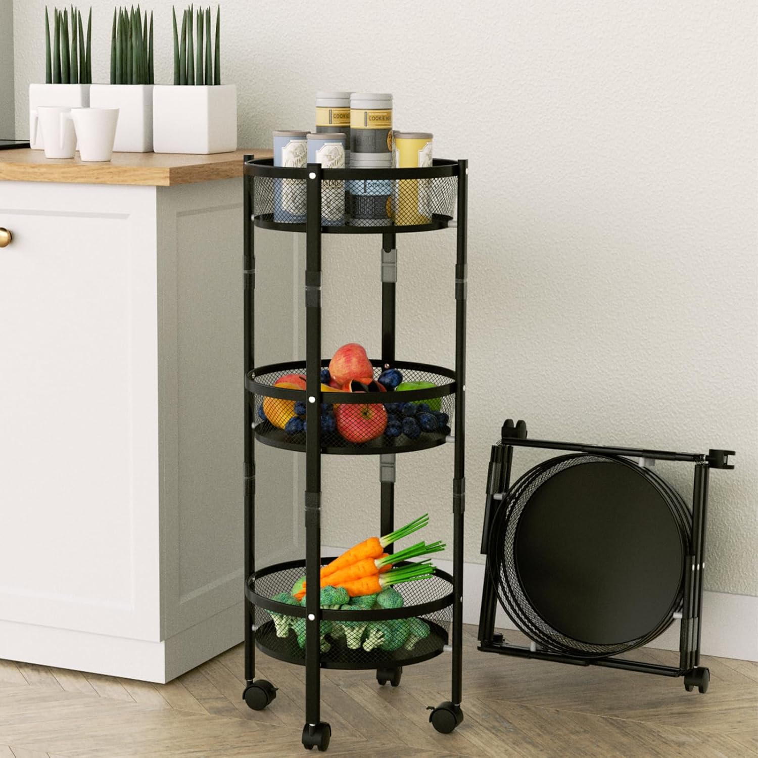 Folding Kitchen Storage Rack, 3 Tier Round Collapsible Storage Rack ...