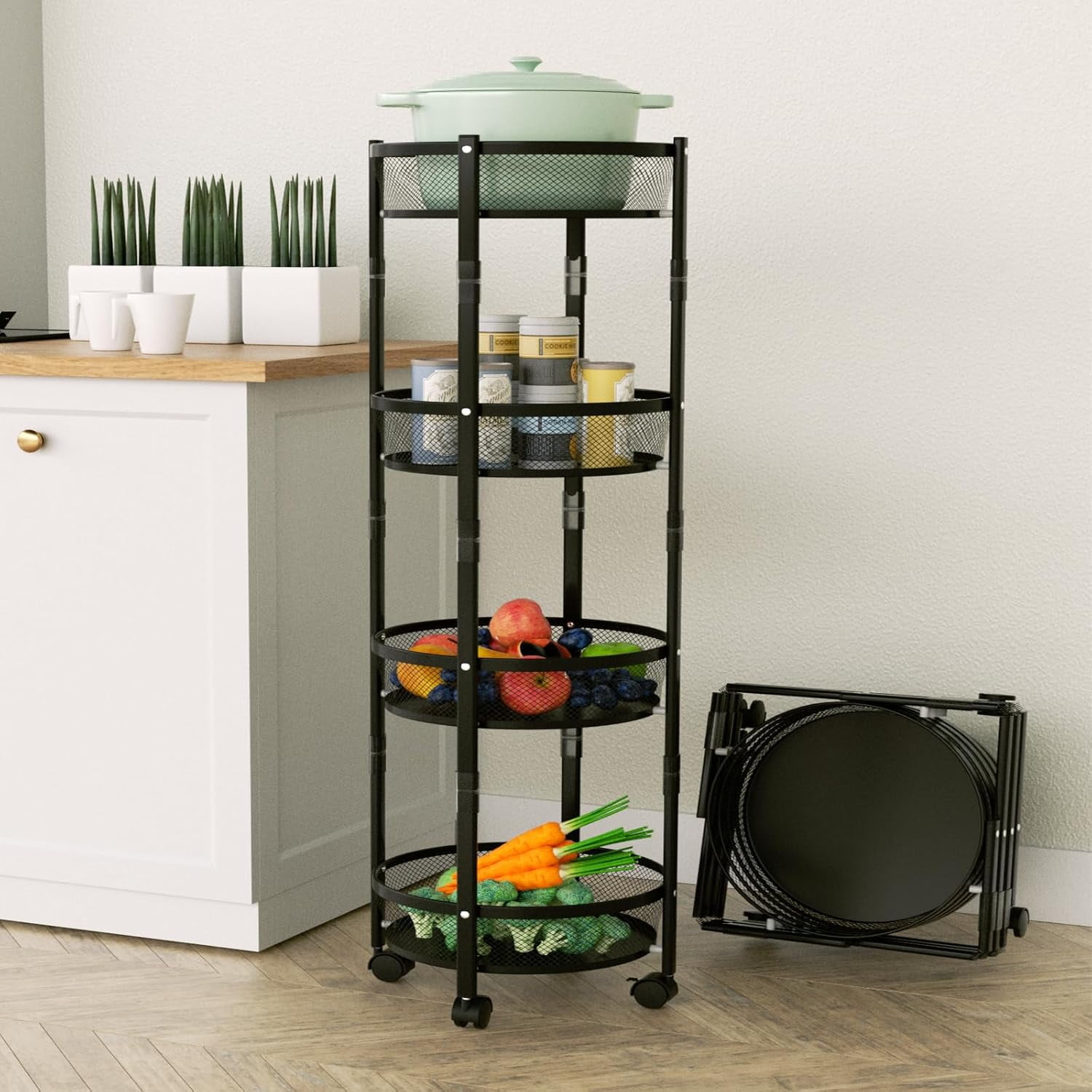 Folding Kitchen Storage Rack, 4 Tier Round Collapsible Storage Rack ...
