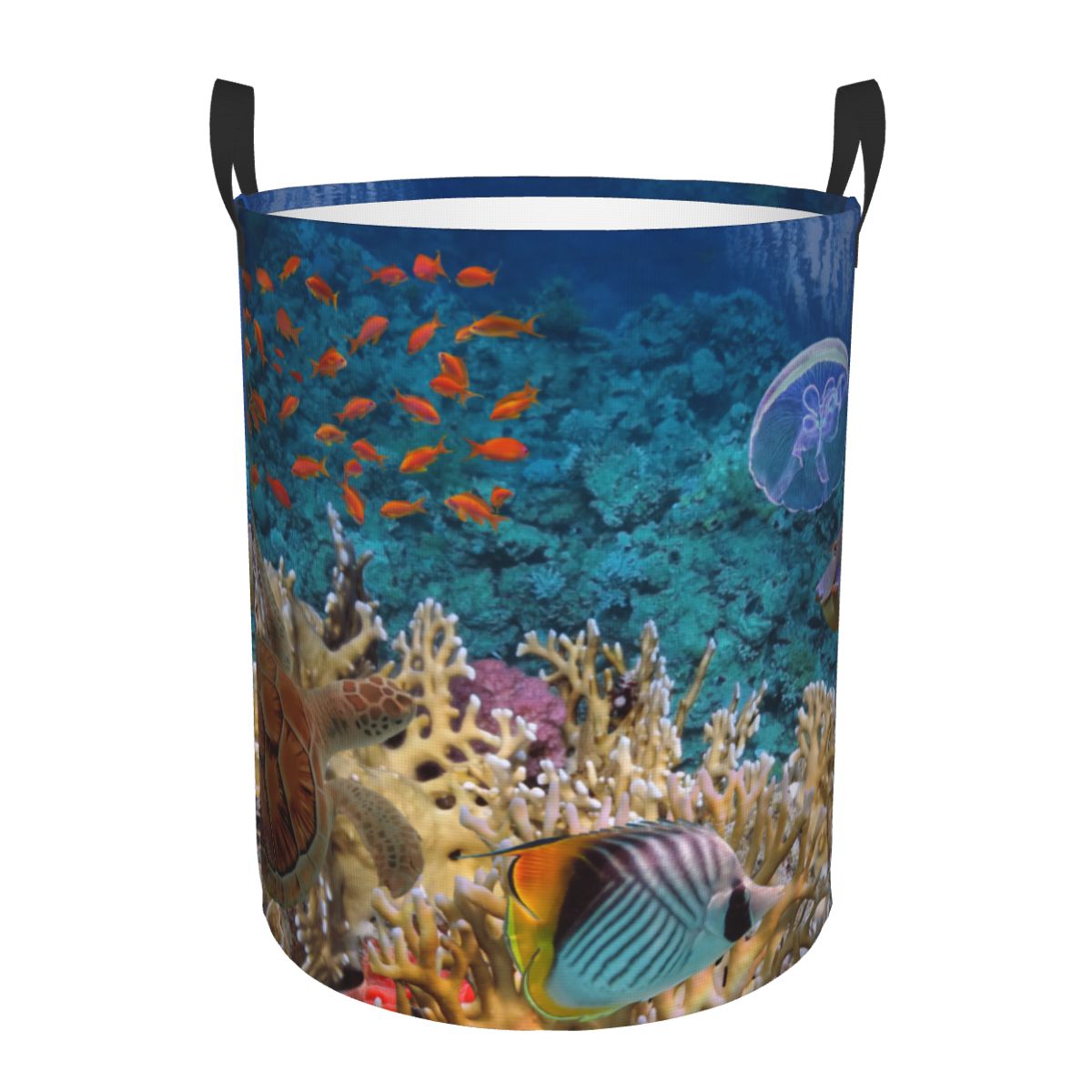 Folding Laundry Basket Coral Reef With Fish Sea Turtles Round Storage ...