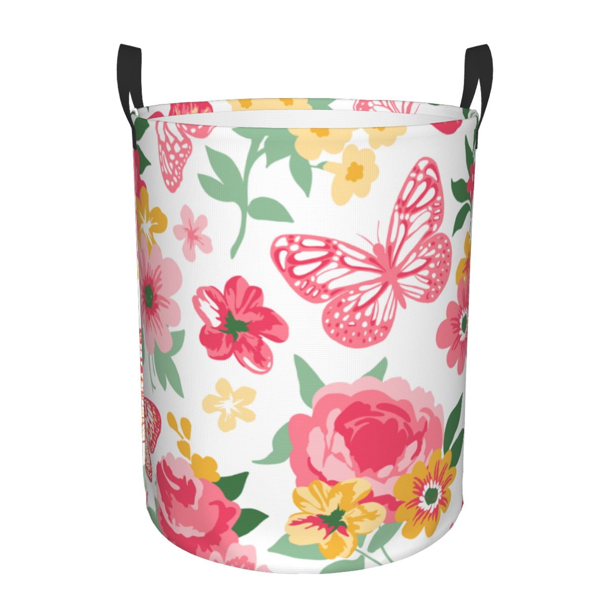 Folding Laundry Basket Coral With Roses Peonies Butterflies Round Storage Bin Large Hamper ...