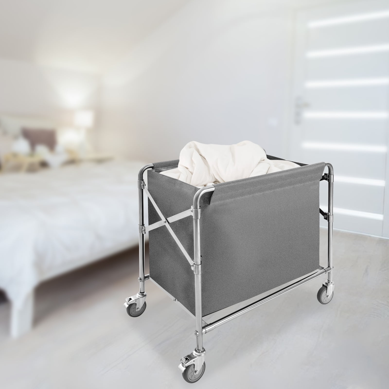 Folding Laundry Cart, Laundry Cart with Wheels, Stainless Steel Laundry ...