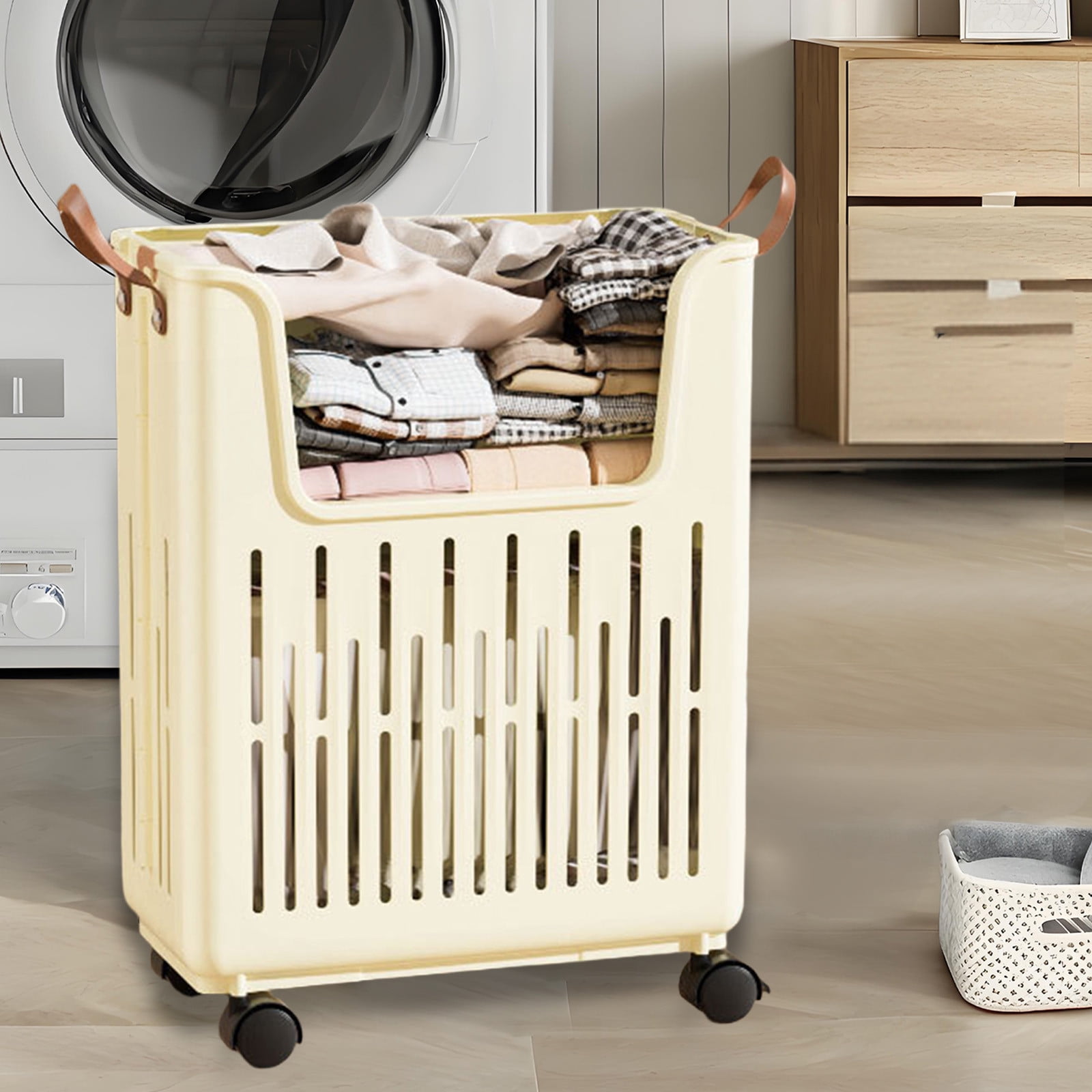 Folding Laundry Hamper with Wheels, Large Collapsible Clothes Basket ...