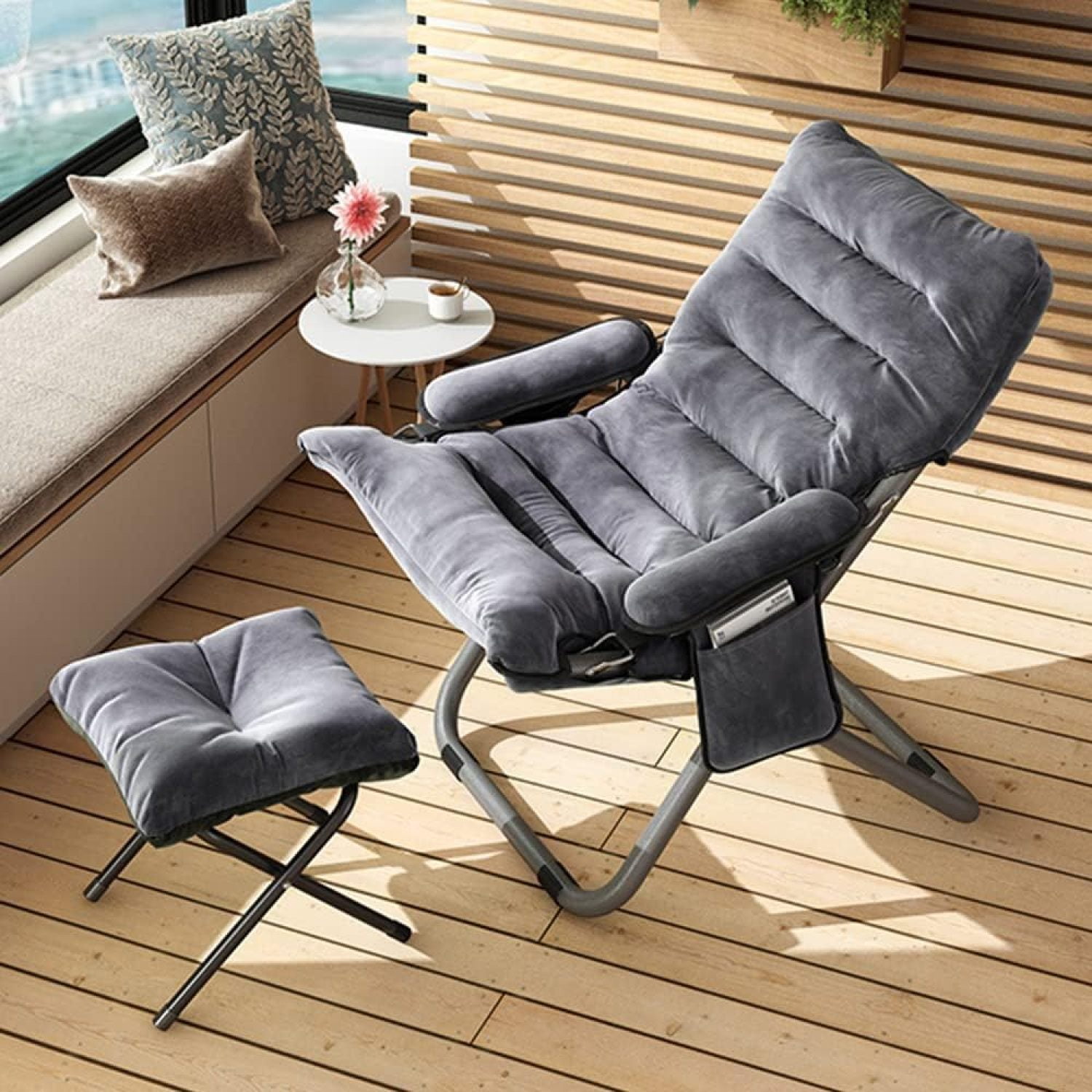 Folding Lazy Chair with Footrest, Adjustable Lazy Chaise with Pillow 3 ...
