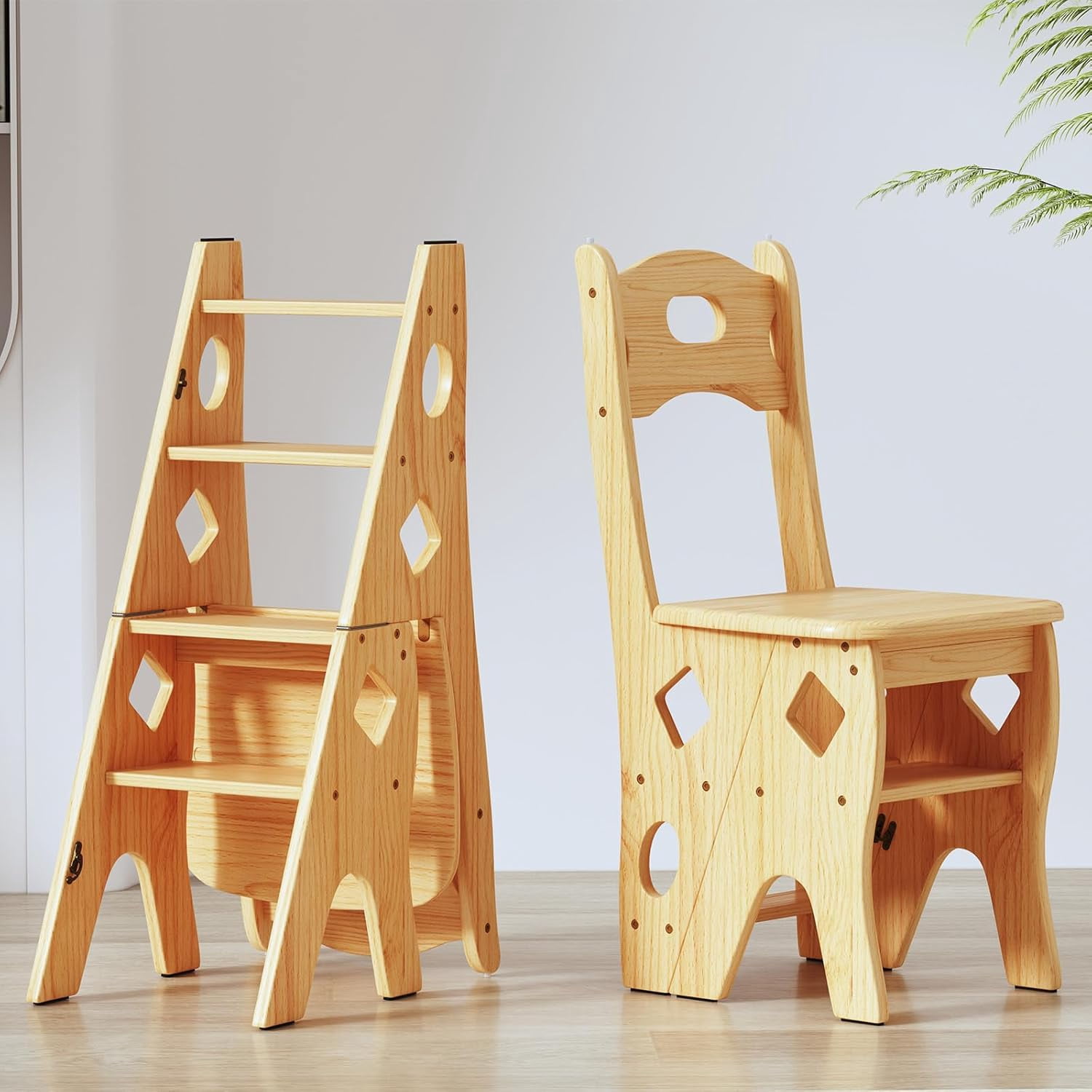Folding Library Ladder Chair 4 Tier Wooden Foldable Step Ladder ...