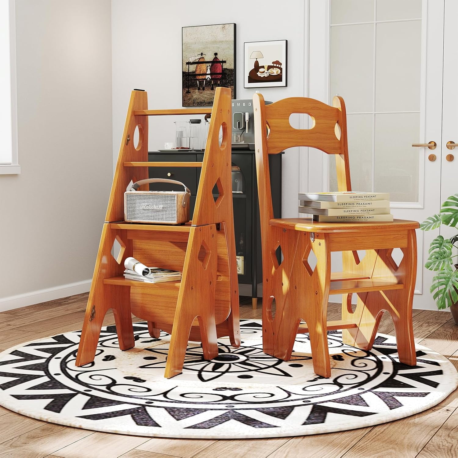 Folding Library Ladder Chair 4 Tier Wooden Foldable Step Stool Portable ...