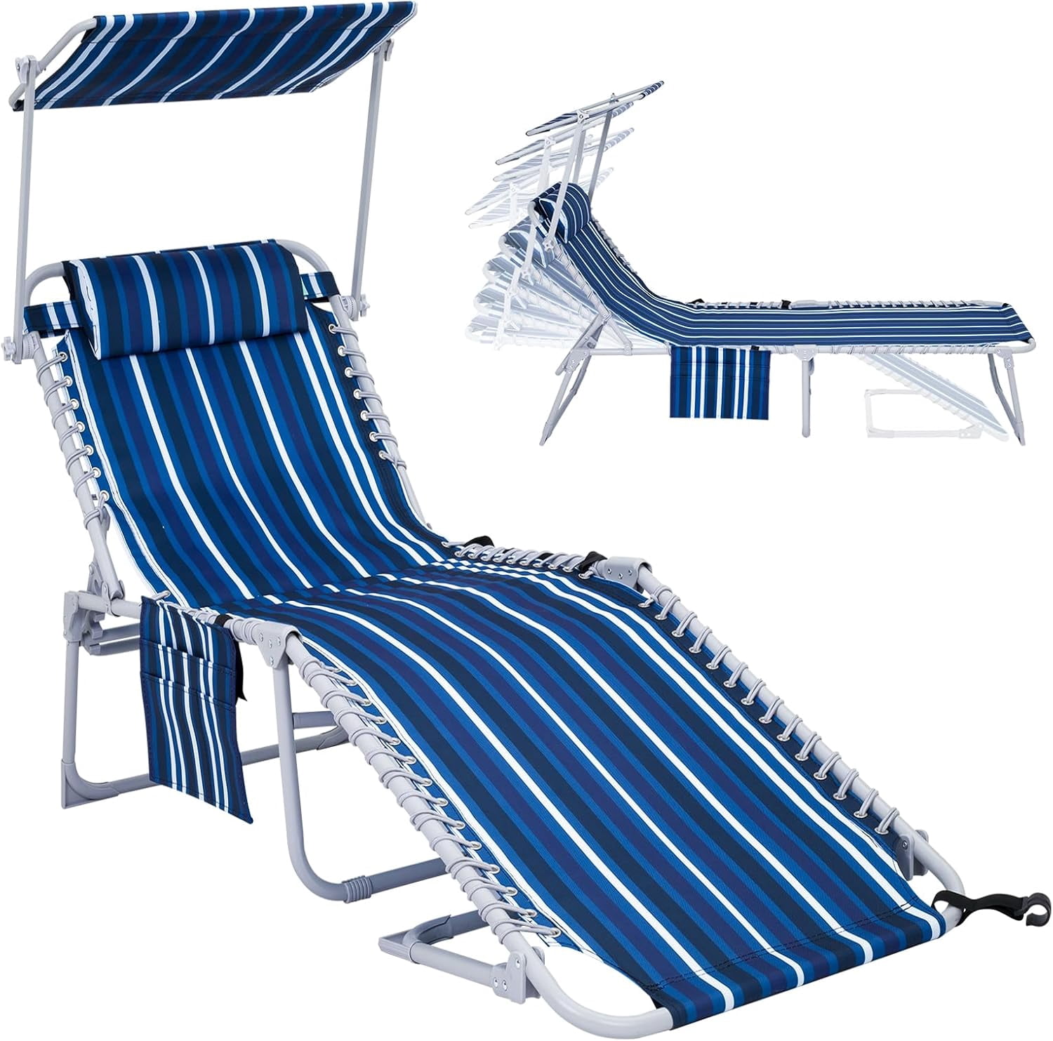 Folding Lounge Chair with Canopy Shade, Portable Adjustable 5-Position ...