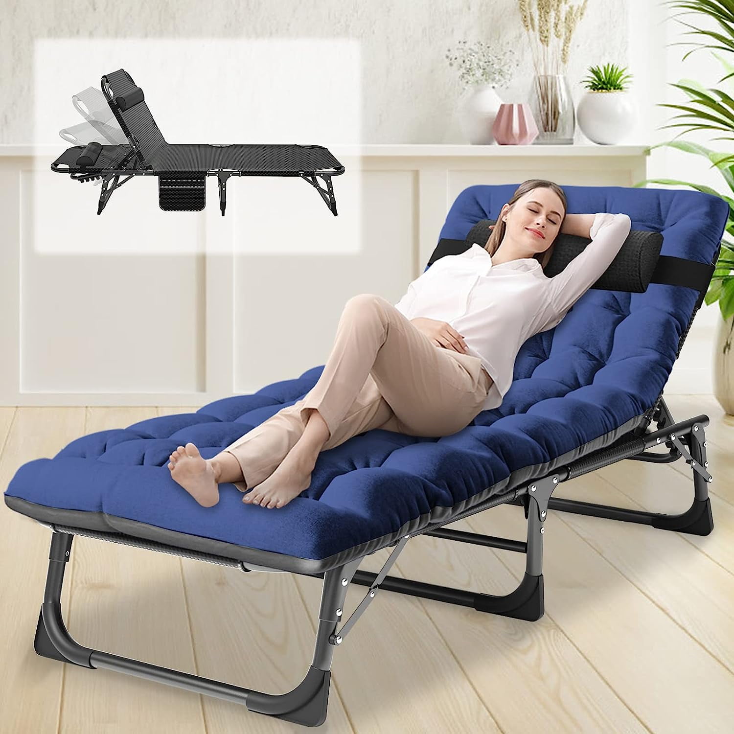 Folding Lounge Chair with Mattress, 4 Position Adjustable Folding ...