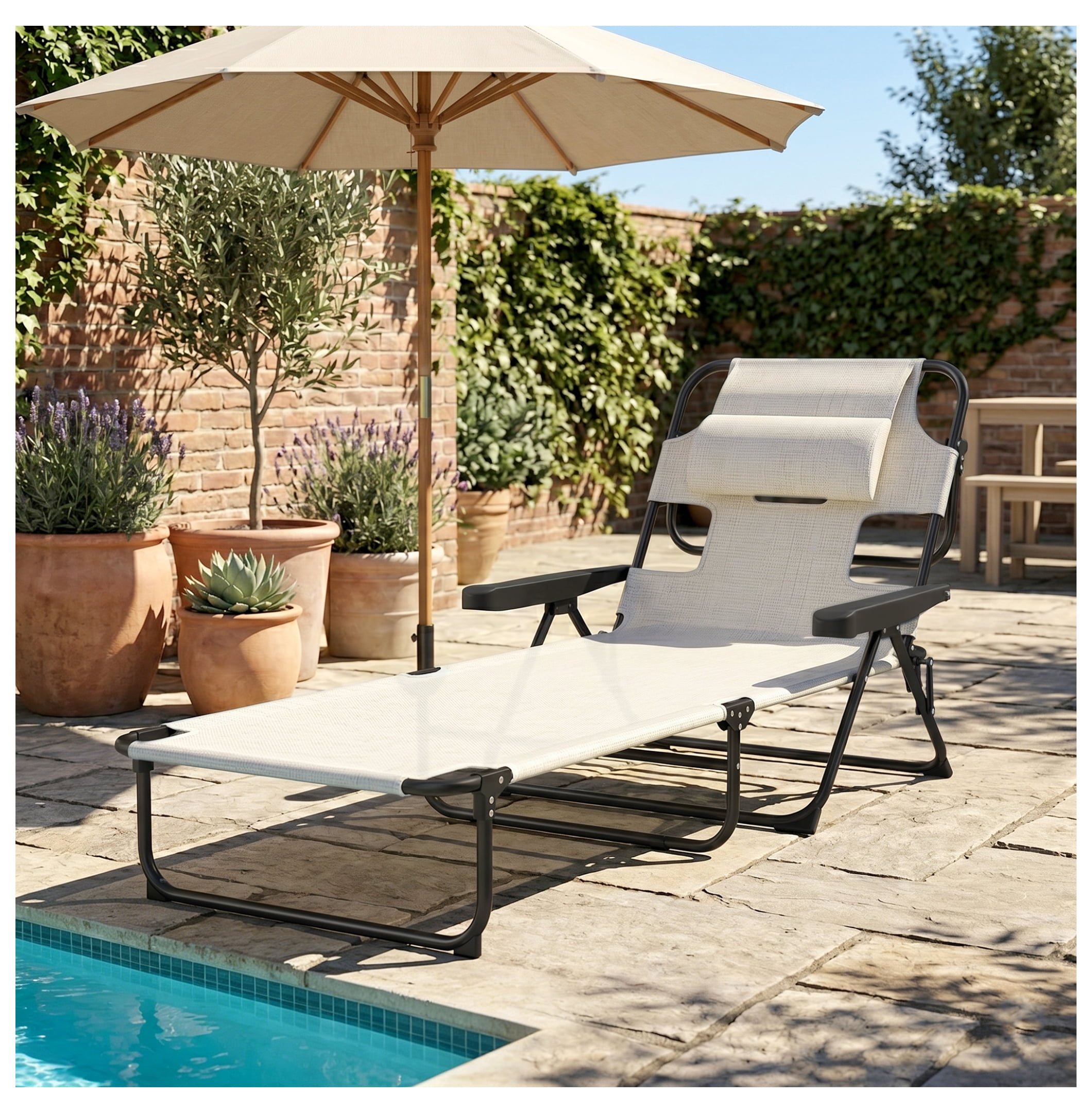 Folding Lounge Chair with Reclining Back, Cream White, Portable Beach ...