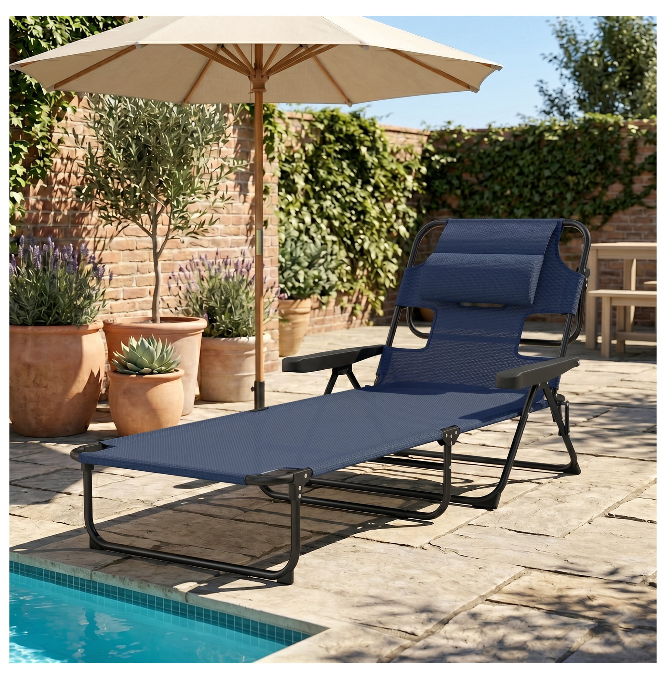 Folding Lounge Chair with Reclining Back, Navy Blue, Portable Sun ...
