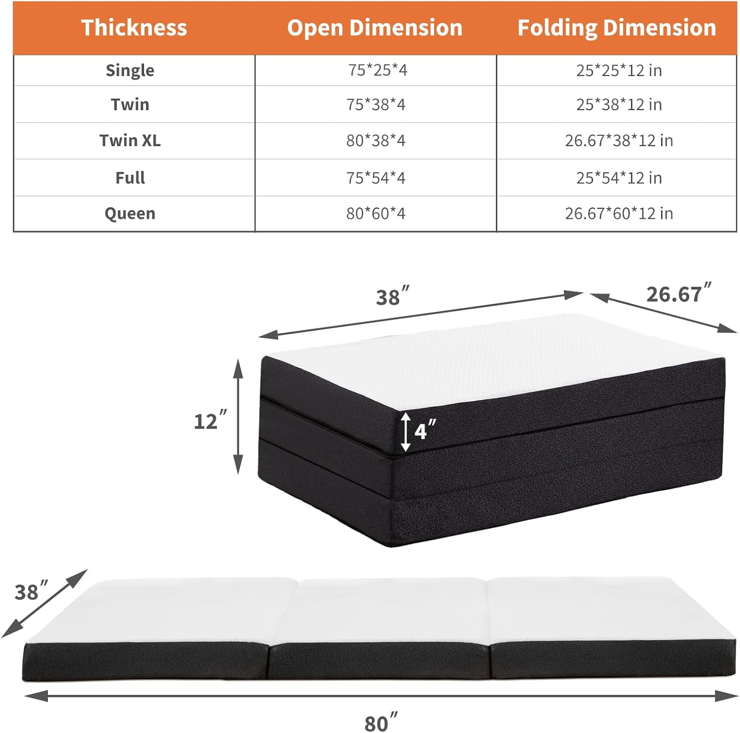 Folding Mattress TwinXL Size, 4 Inch Tri-fold Memory Foam Mattress ...