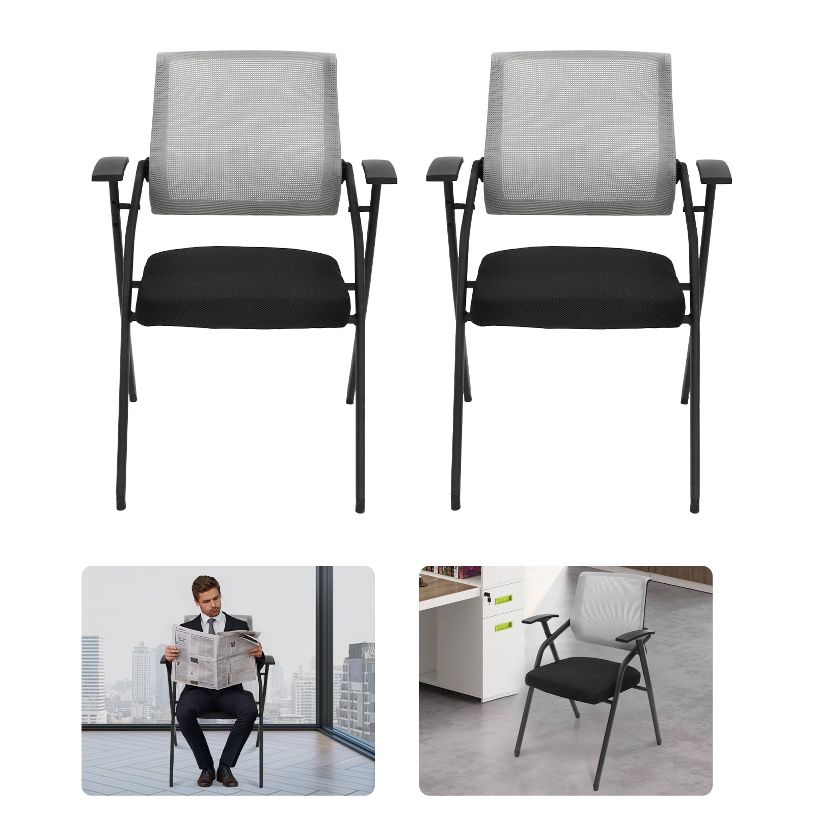 Folding Office Reception Guest Chair Set of 2, Mesh Net Reception Chair ...